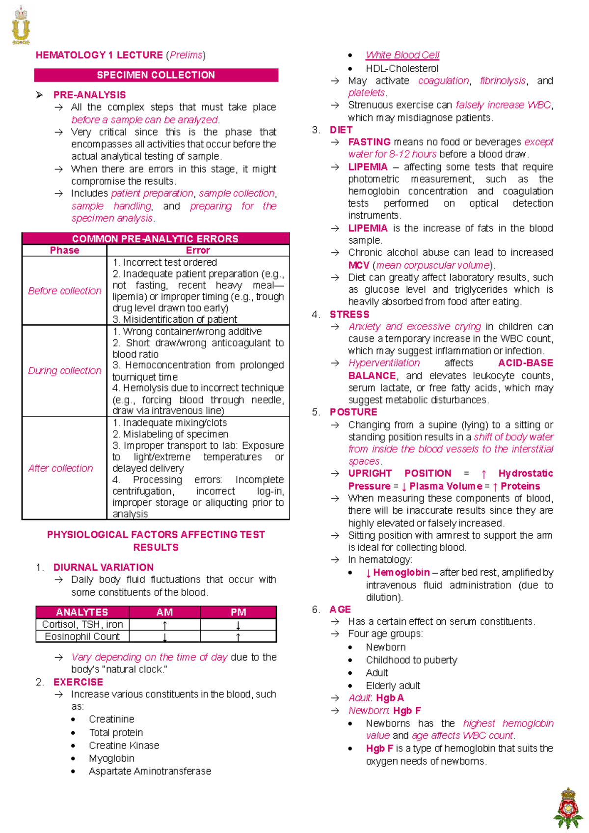 Prelims Notes on Specimen Collection in HEMATOLOGY 1 LECTURE - Studocu