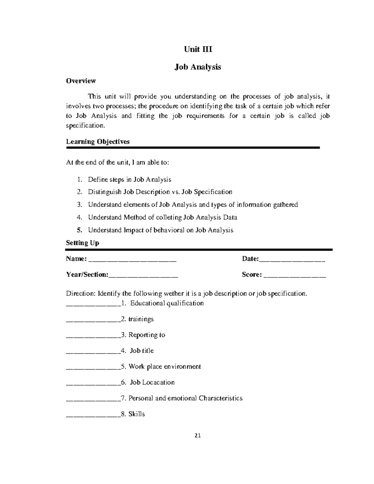 Unit 3 Job Analysis - Human Resource Management - Unit III Job Analysis ...