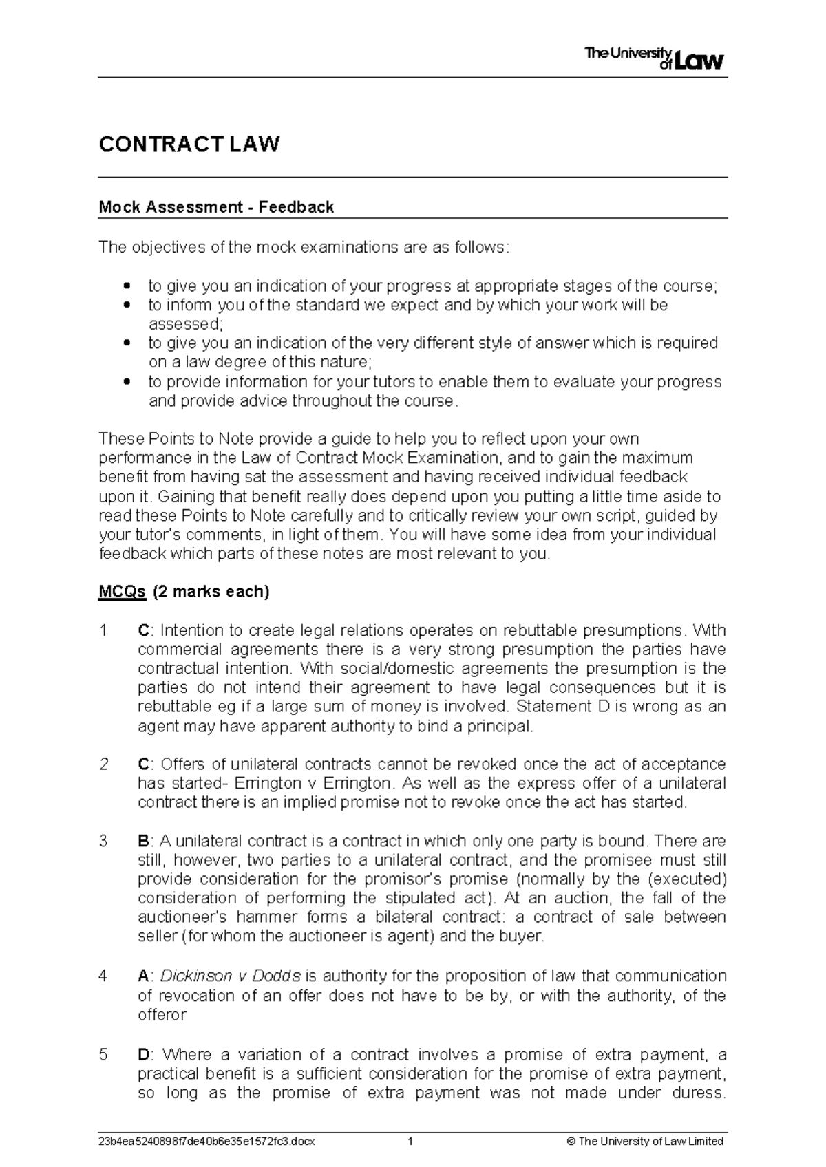 CONTRACT LAW CE02 Mock Assessment Feedback and Sample Answers - Studocu