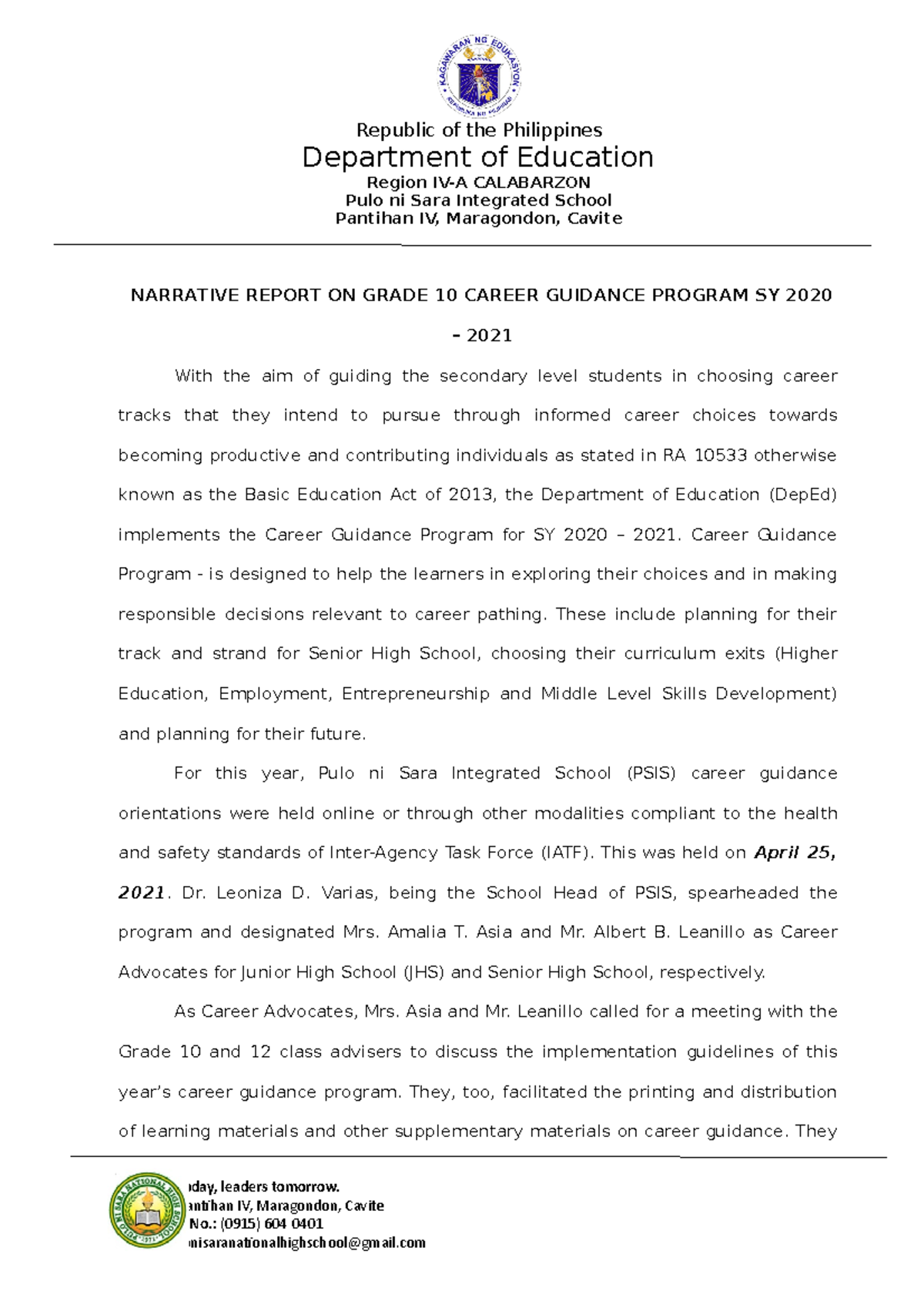 Narrative Report on G10 Career Guidance Program SY 2020-2021 - Studocu