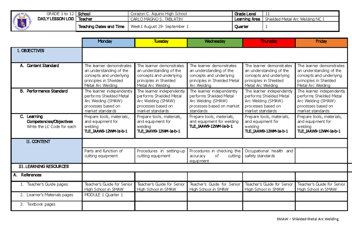 DLL smaw week 1-3 - References - GRADE 1 to 12 DAILY LESSON LOG School ...