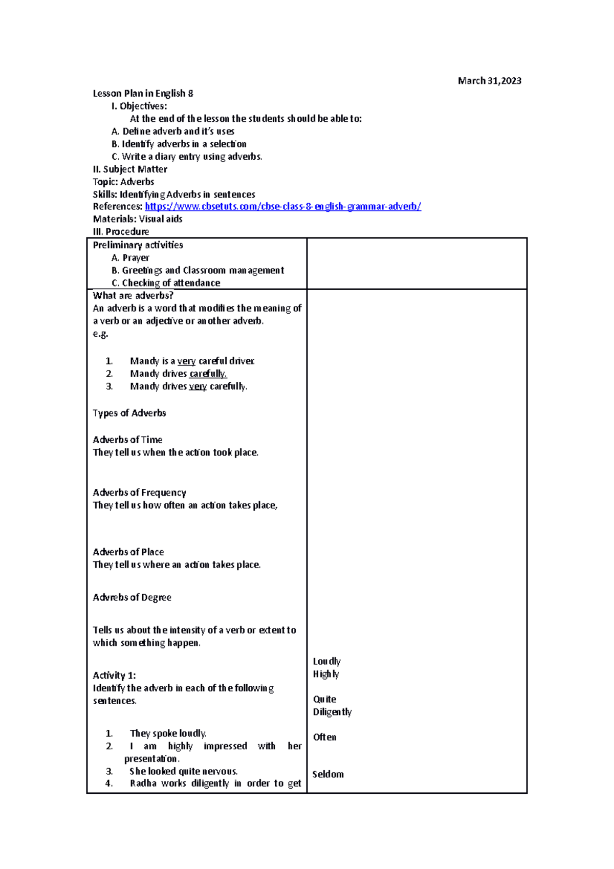 ICL 03312023 - Lesson Plan on Adverbs for English 8 - Studocu