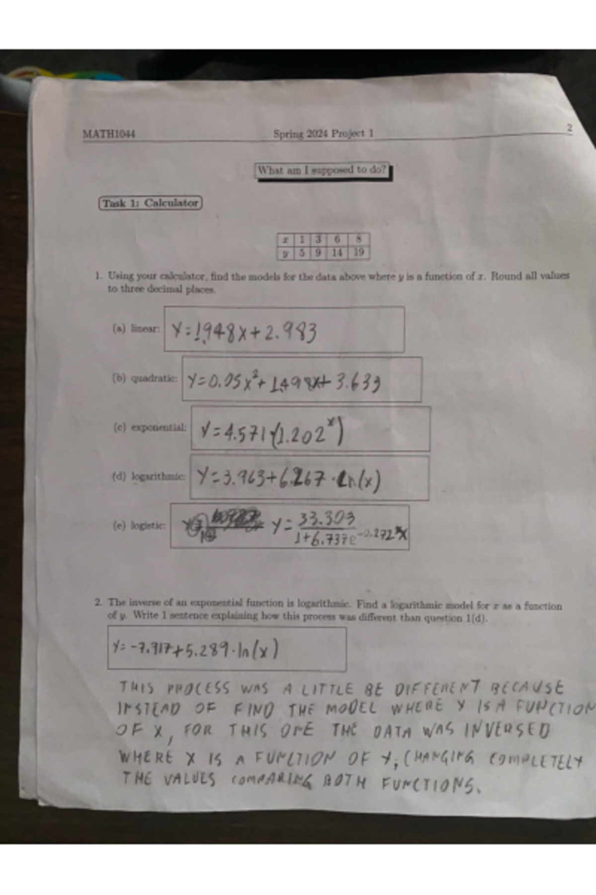 MATH1044 Spring 2024 Project 1: Data Model Analysis and Calculations ...