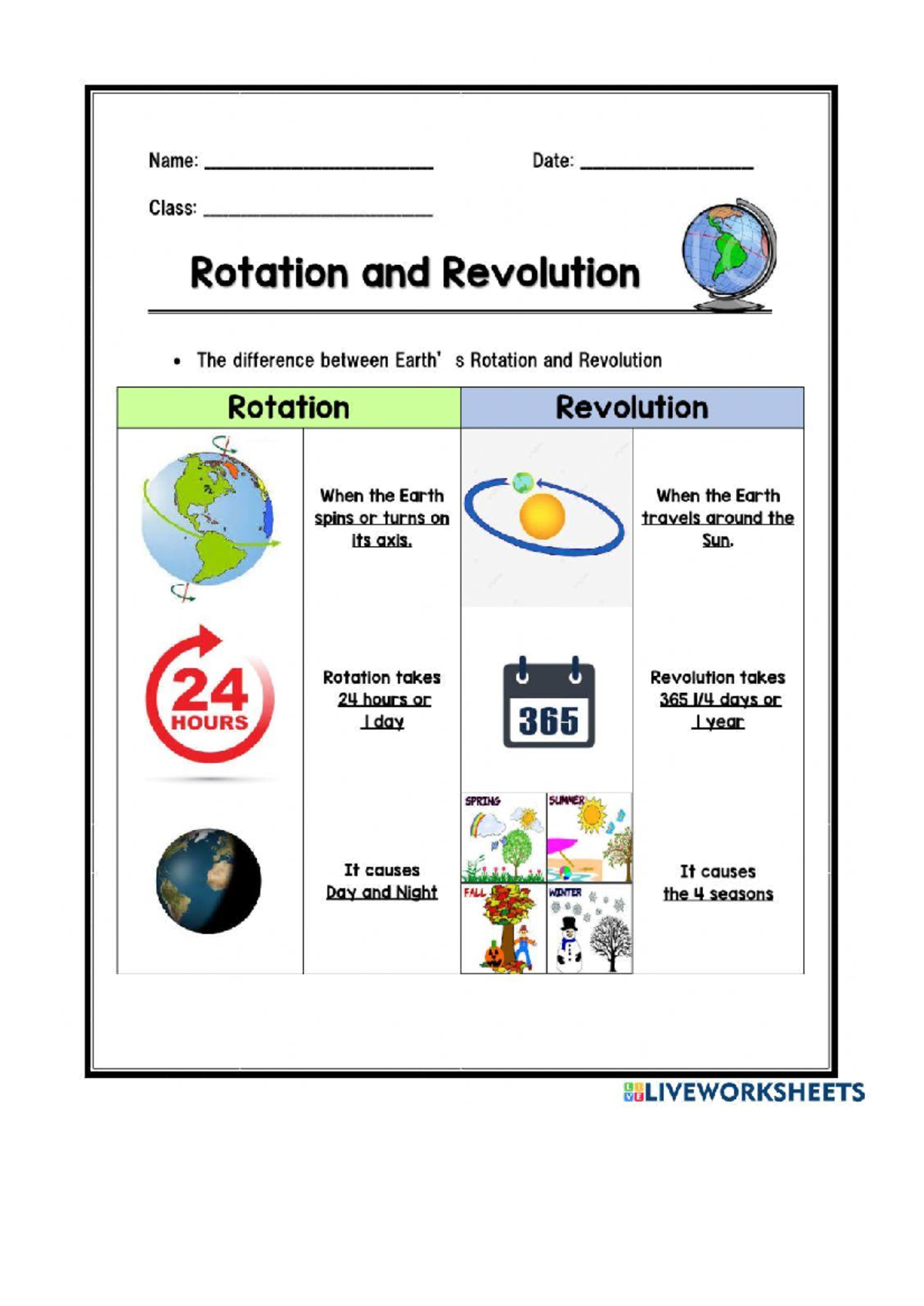 Earth Rotation and revolution worksheet - Name: Date: Class: Rotation ...