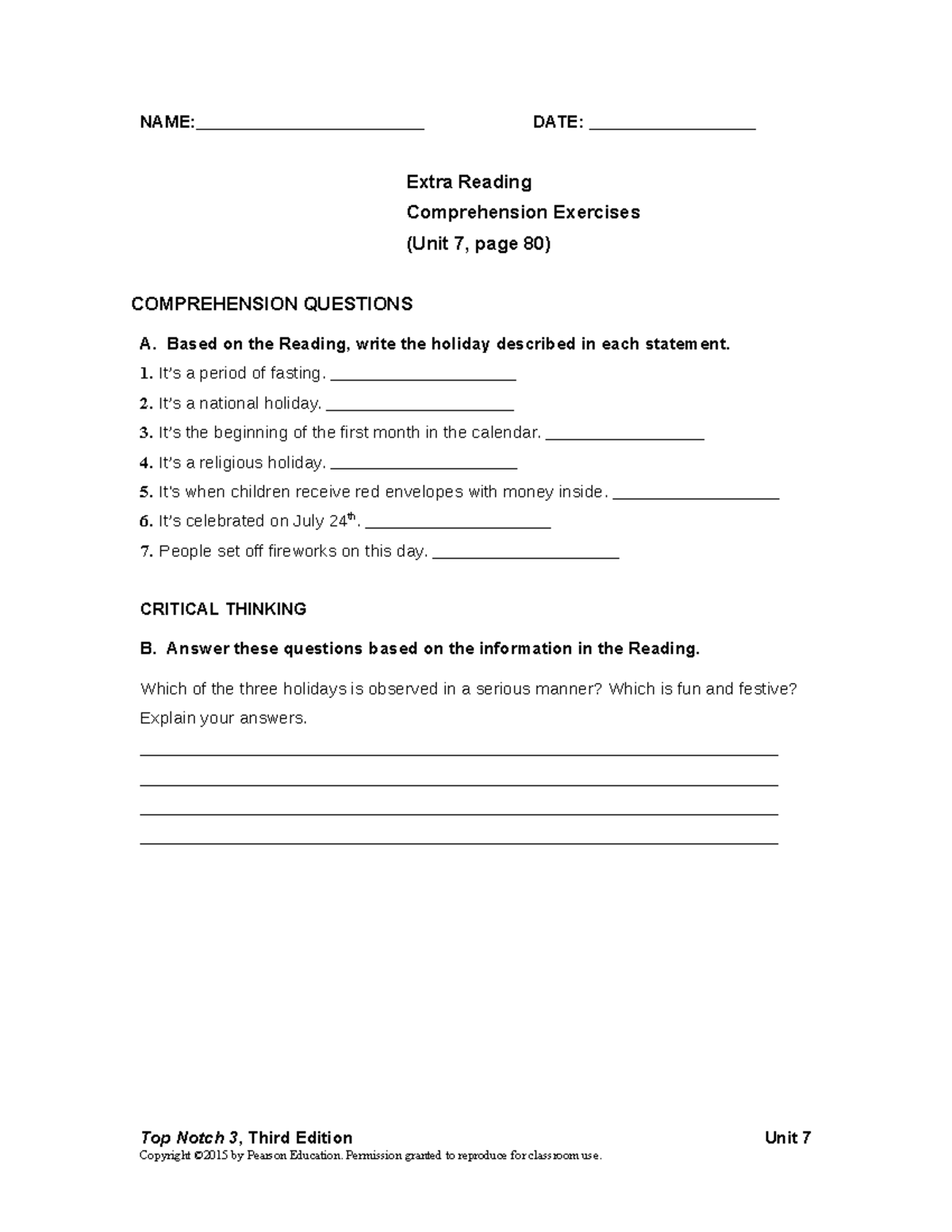 UNIT 7 Reading Comprehension - NAME: DATE: Extra Reading Comprehension Exercises (Unit 7, page ...