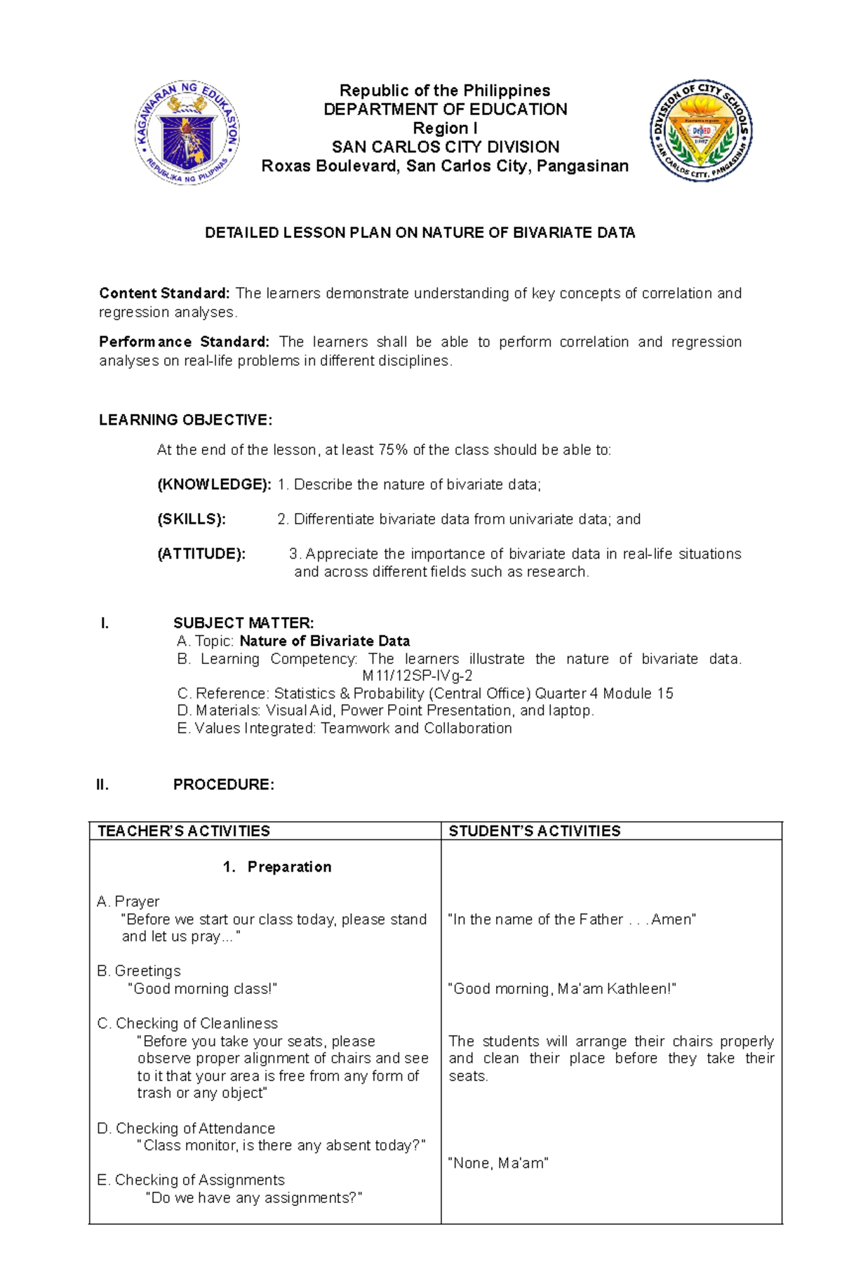 Detailed Lesson Plan on M11/12SP-IVg Bivariate Data Analysis - Studocu