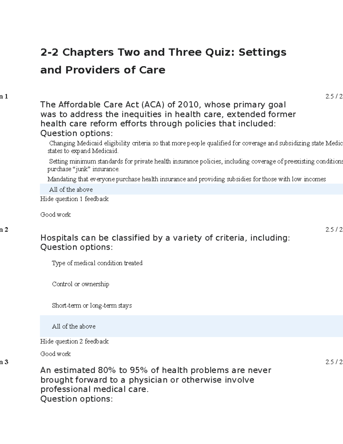 Module 2 Quiz - Health Care Settings & Providers of Care - Studocu