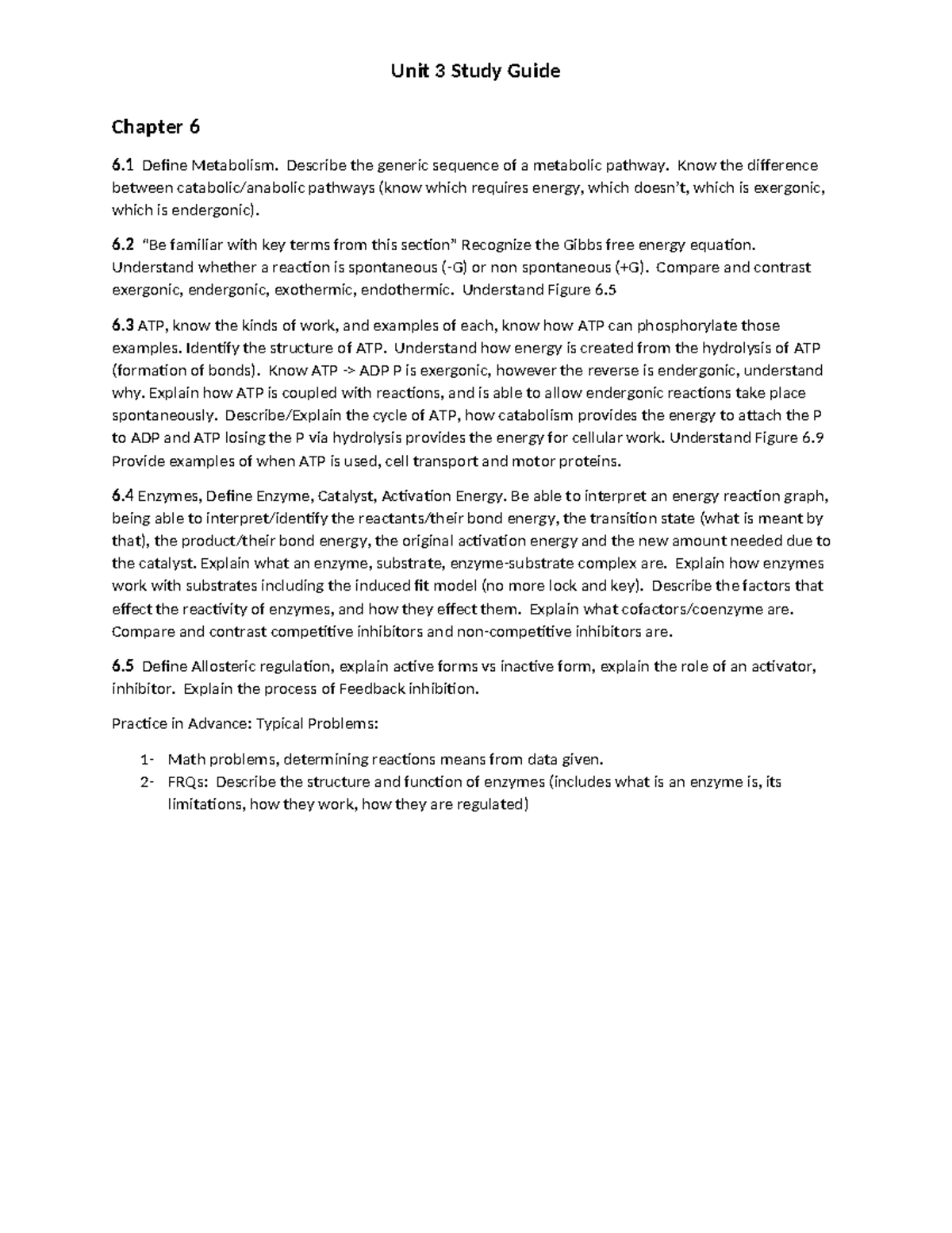 Unit 3 AP Bio Study Guide: Metabolism, Cellular Respiration & Enzymes - Studocu