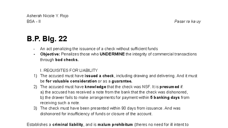 ACC 228 B.P. Blg. 22: Penalties for Issuing Bad Checks - Studocu