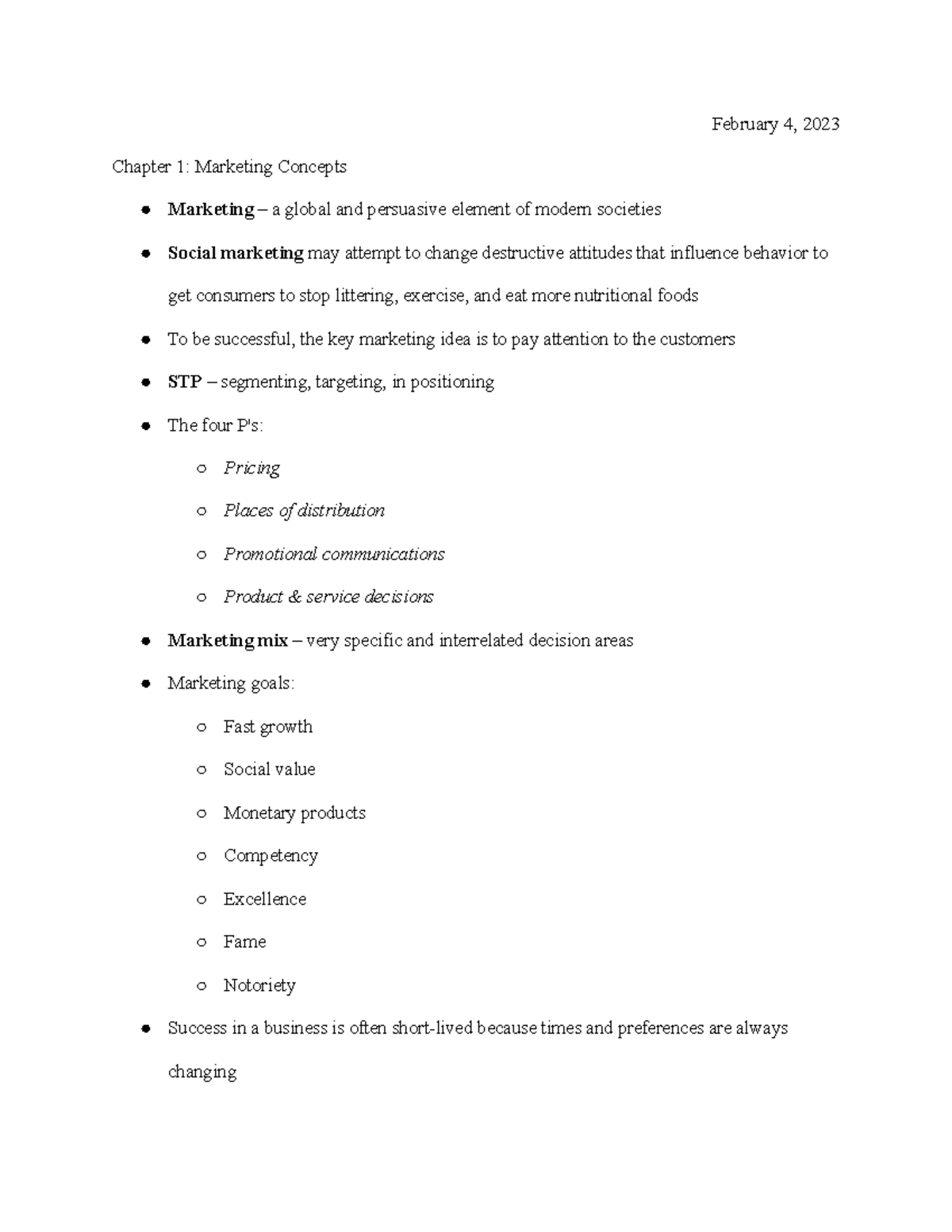 Chapter 1 Marketing Concepts - February 4, 2023 Chapter 1: Marketing ...