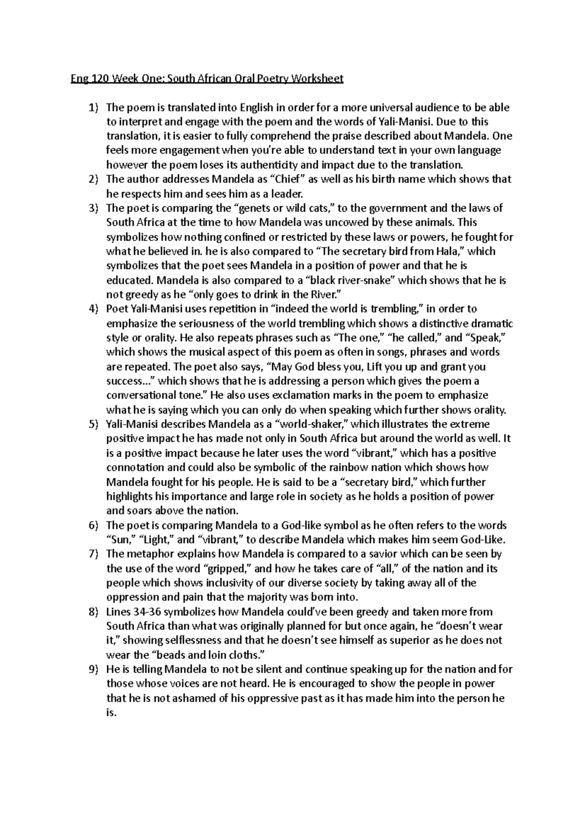 Eng 120 Week One worksheet - Eng 120 Week One: South African Oral ...