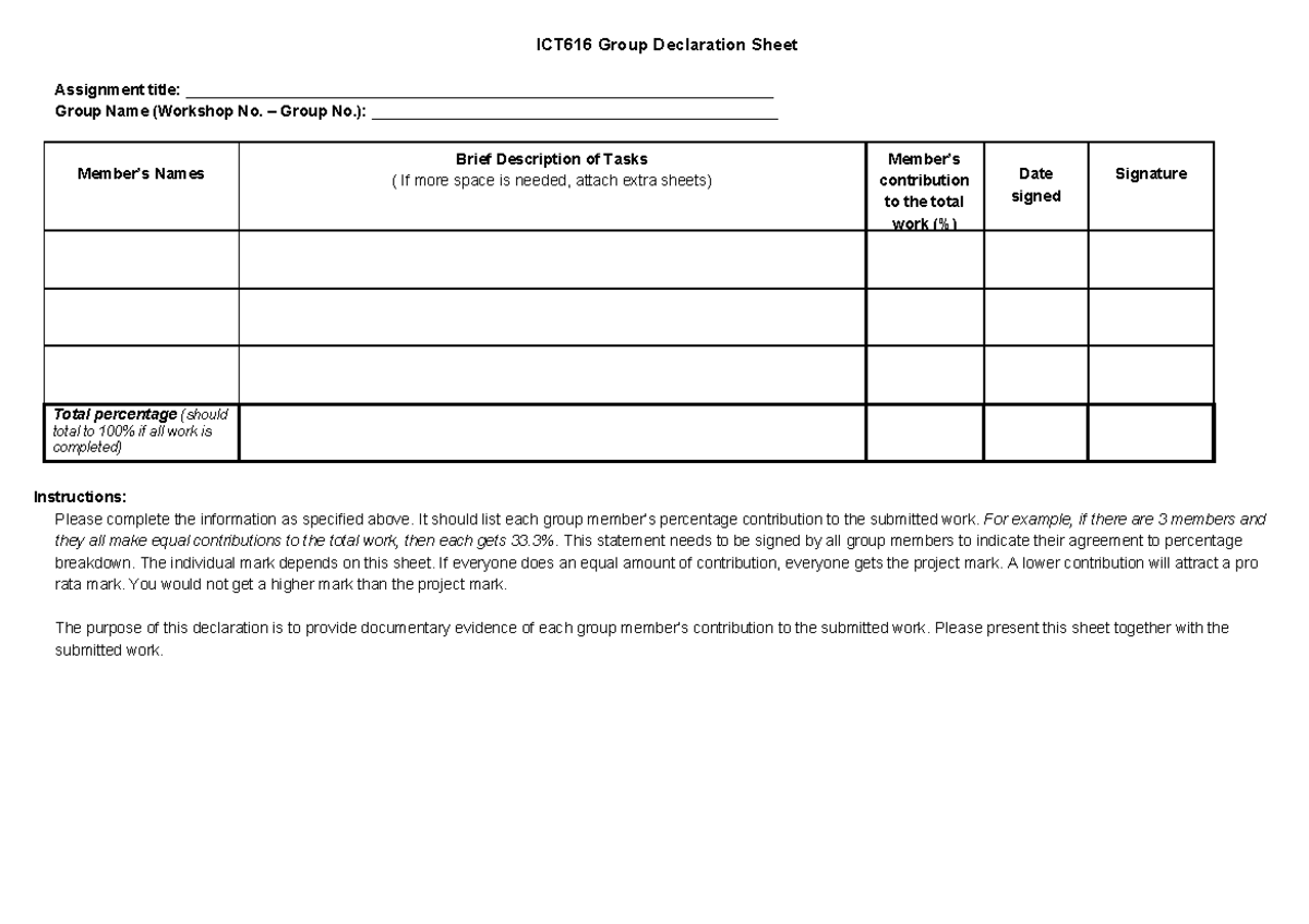 ICT616 Group Declaration Sheet: Contribution & Signatures - Studocu