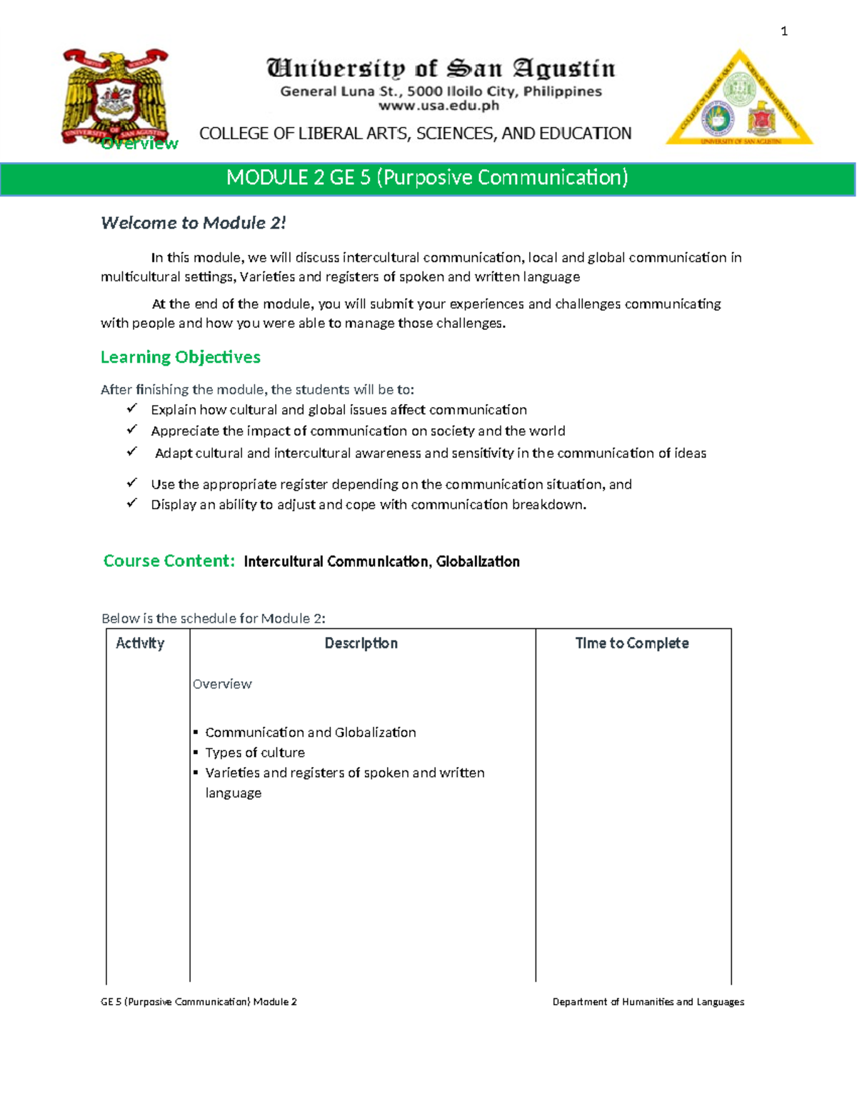 GE 5 (Purposive Communication) Module 2: Intercultural Communication ...