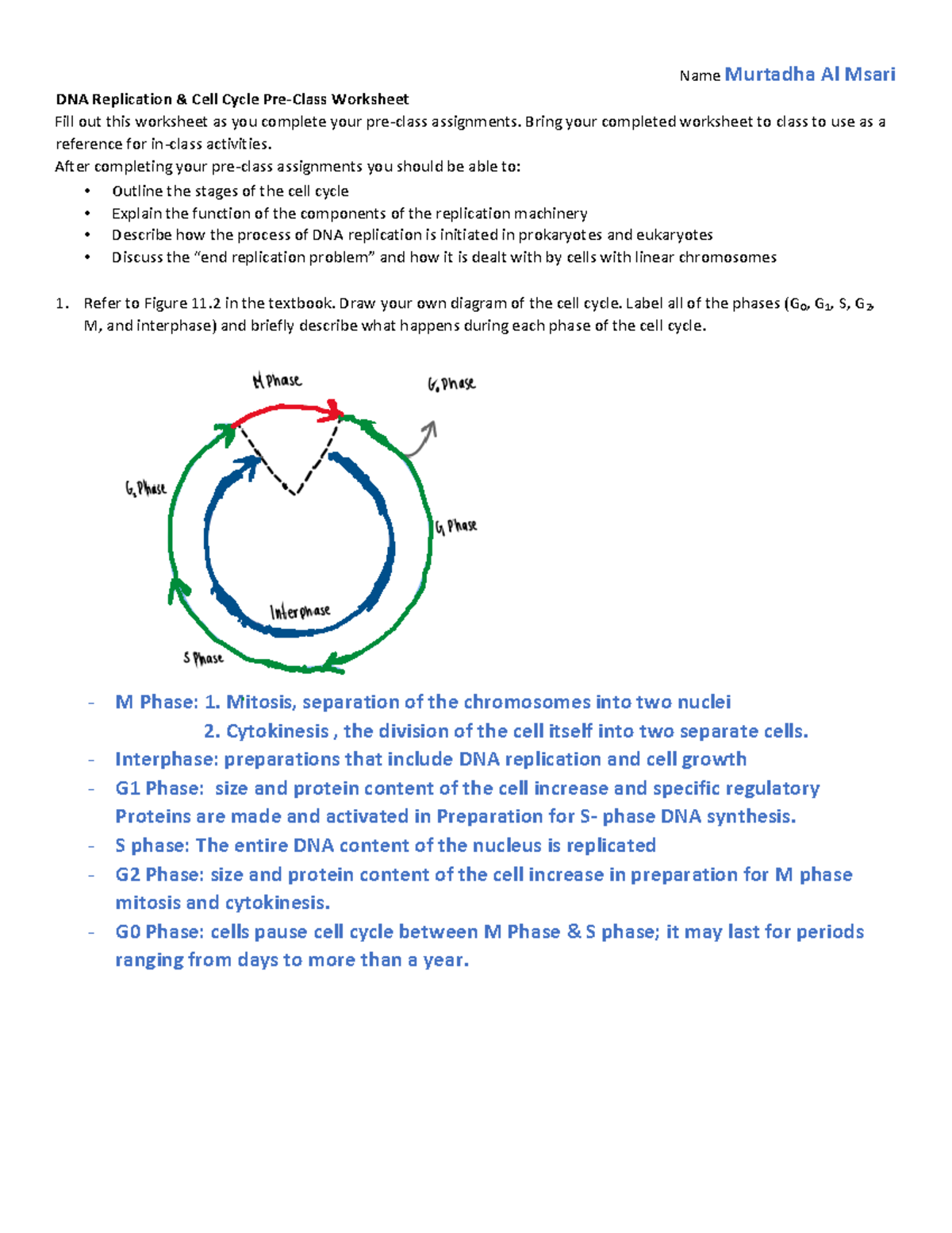 Life Science 7A - DNA Replication & Cell Cycle Pre-Class Worksheet ...