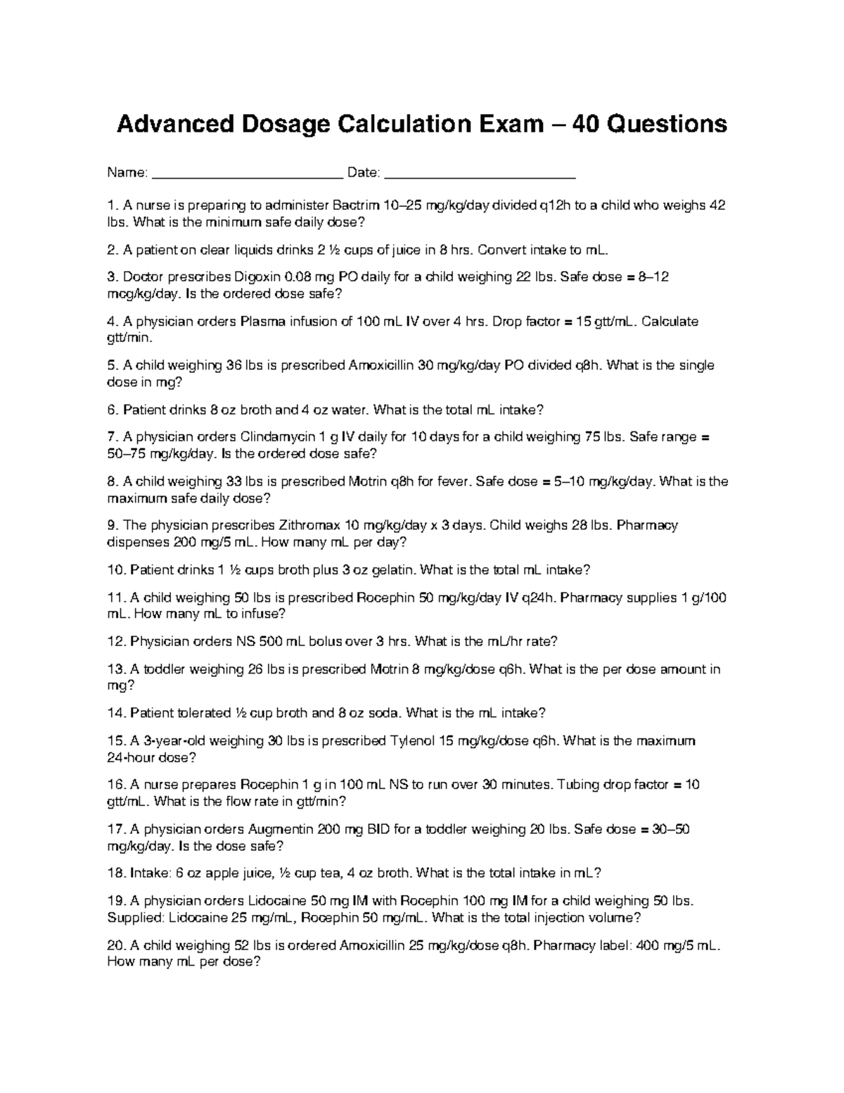 Advanced Dosage Calculation Exam (Nursing 101) - 40 Questions - Studocu