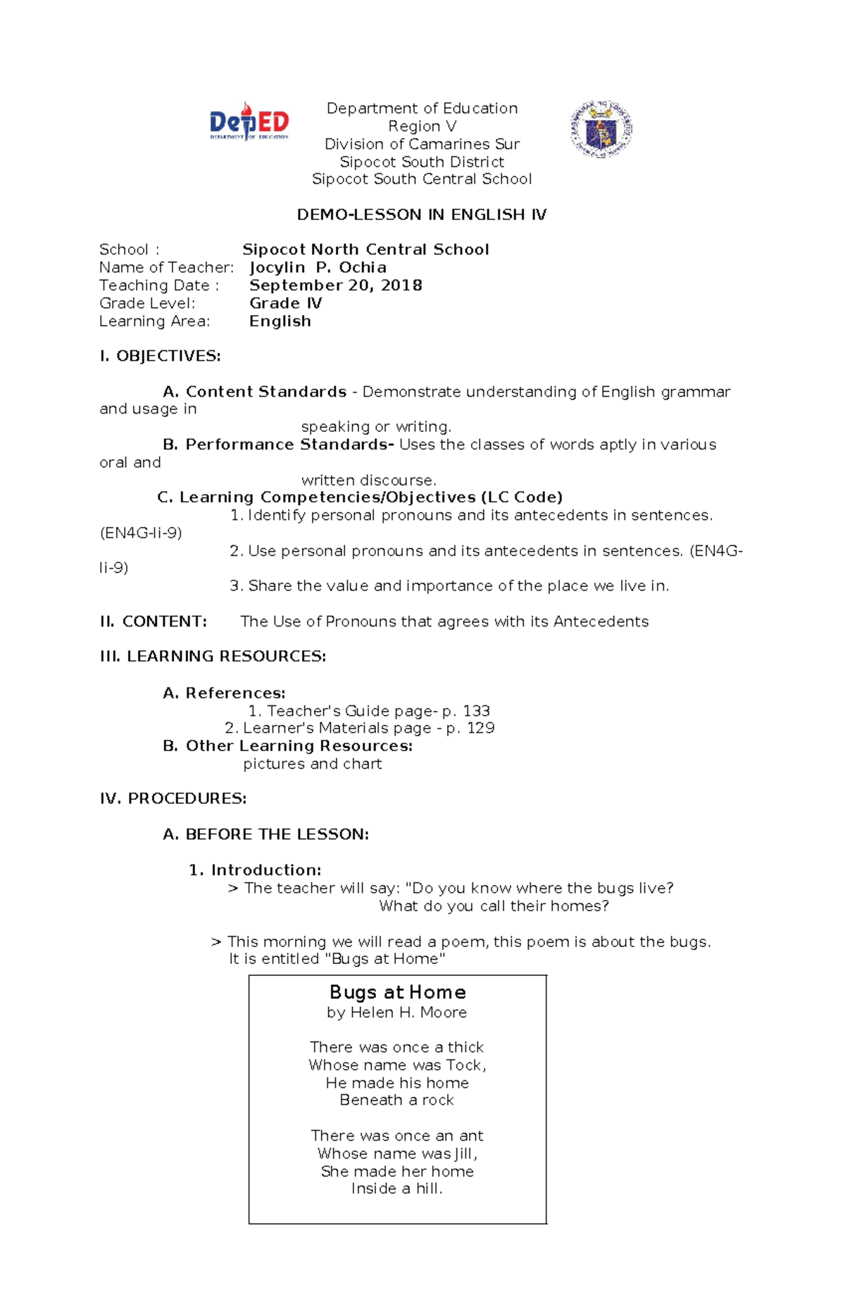 DEMO Lesson Plan: English IV - Understanding Personal Pronouns - Studocu