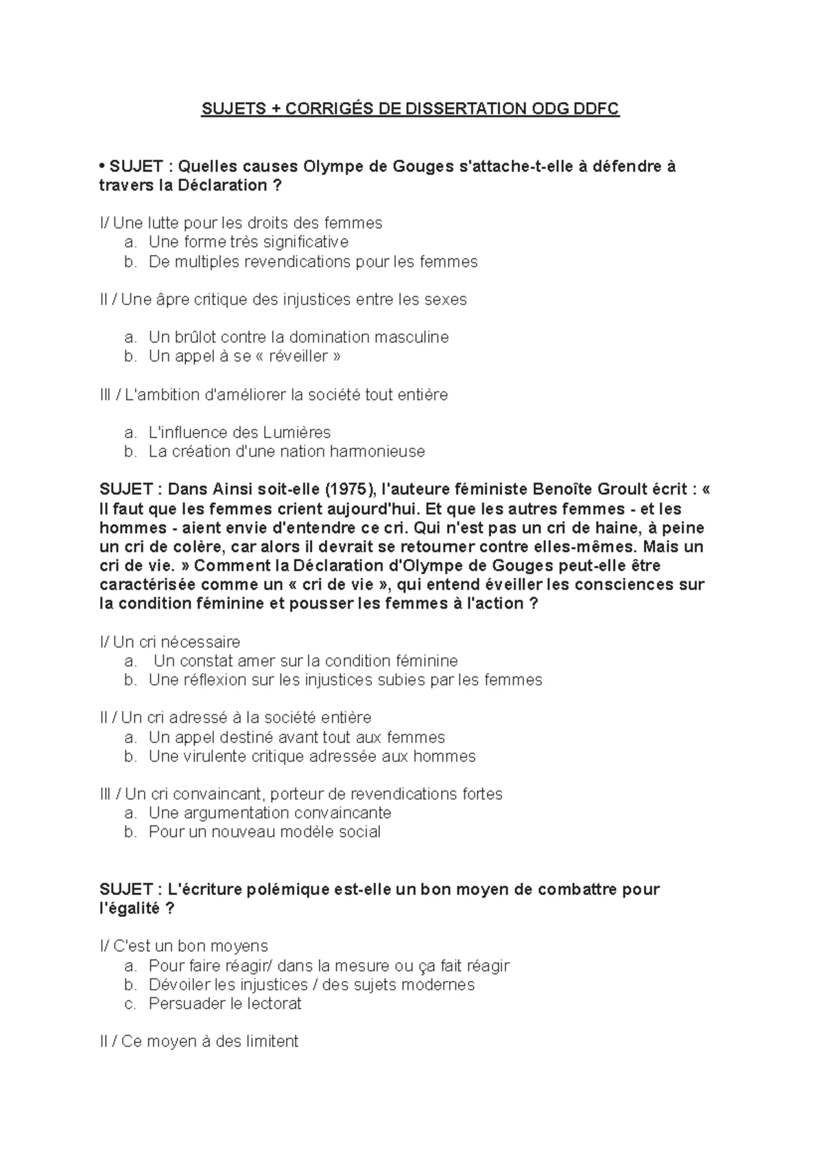 Analyse Linéaire de la Déclaration des Droits de la Femme par Olympe de ...
