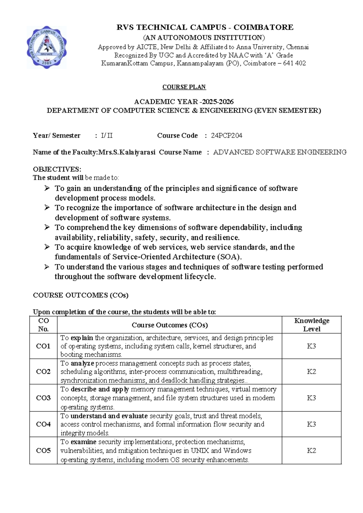 Course Plan for Advanced Software Engineering (24PCP204) - Even ...