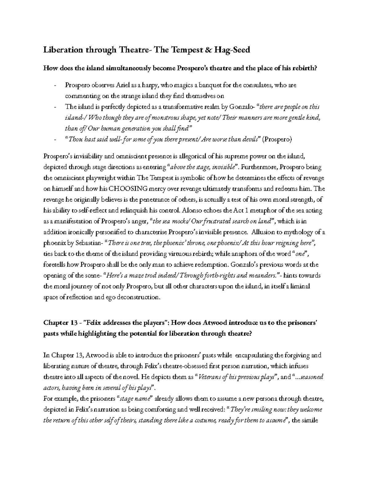 Liberation through Theatre: The Tempest & Hag-Seed Analysis - Studocu