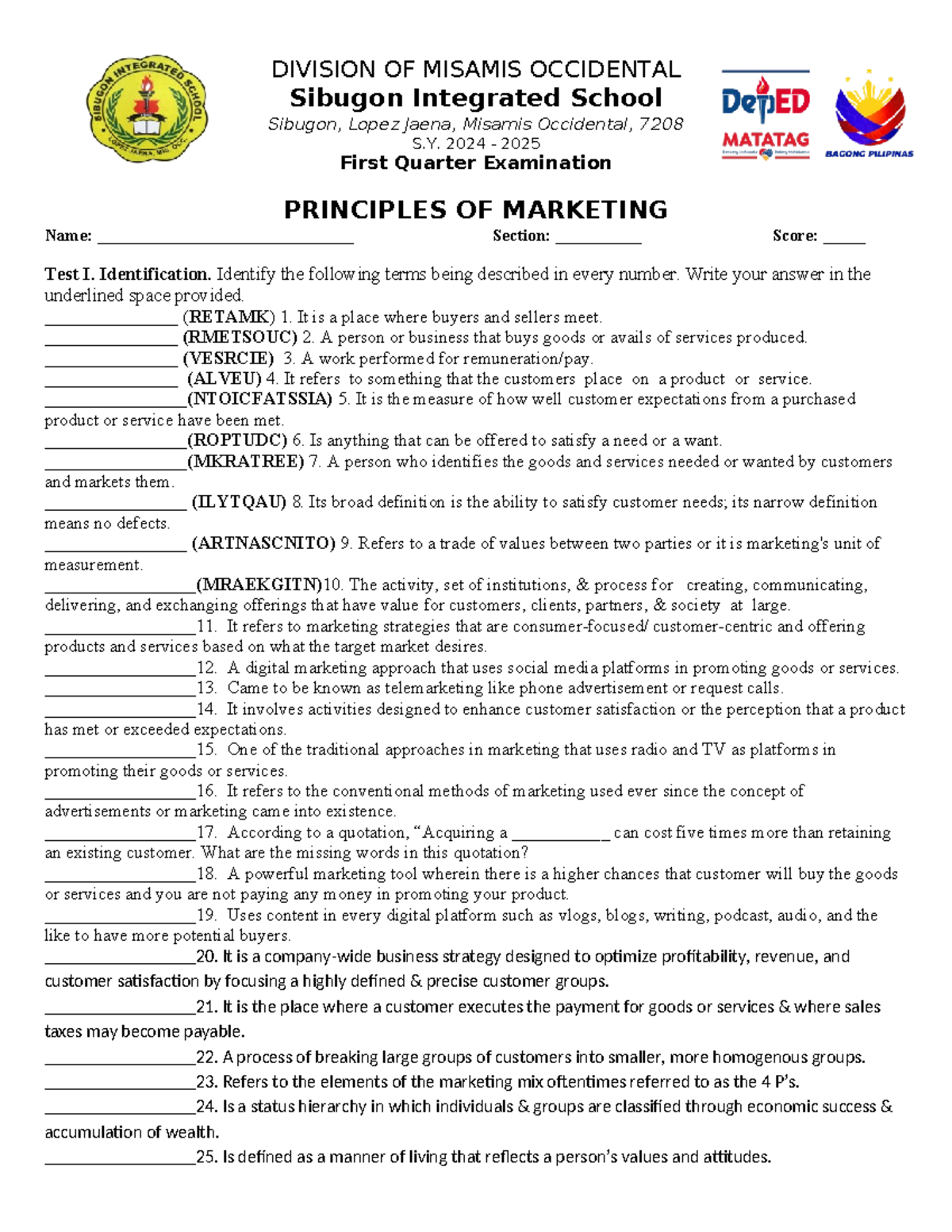 Principles of Marketing 1st Qtr Exam 2024-2025: Identification ...