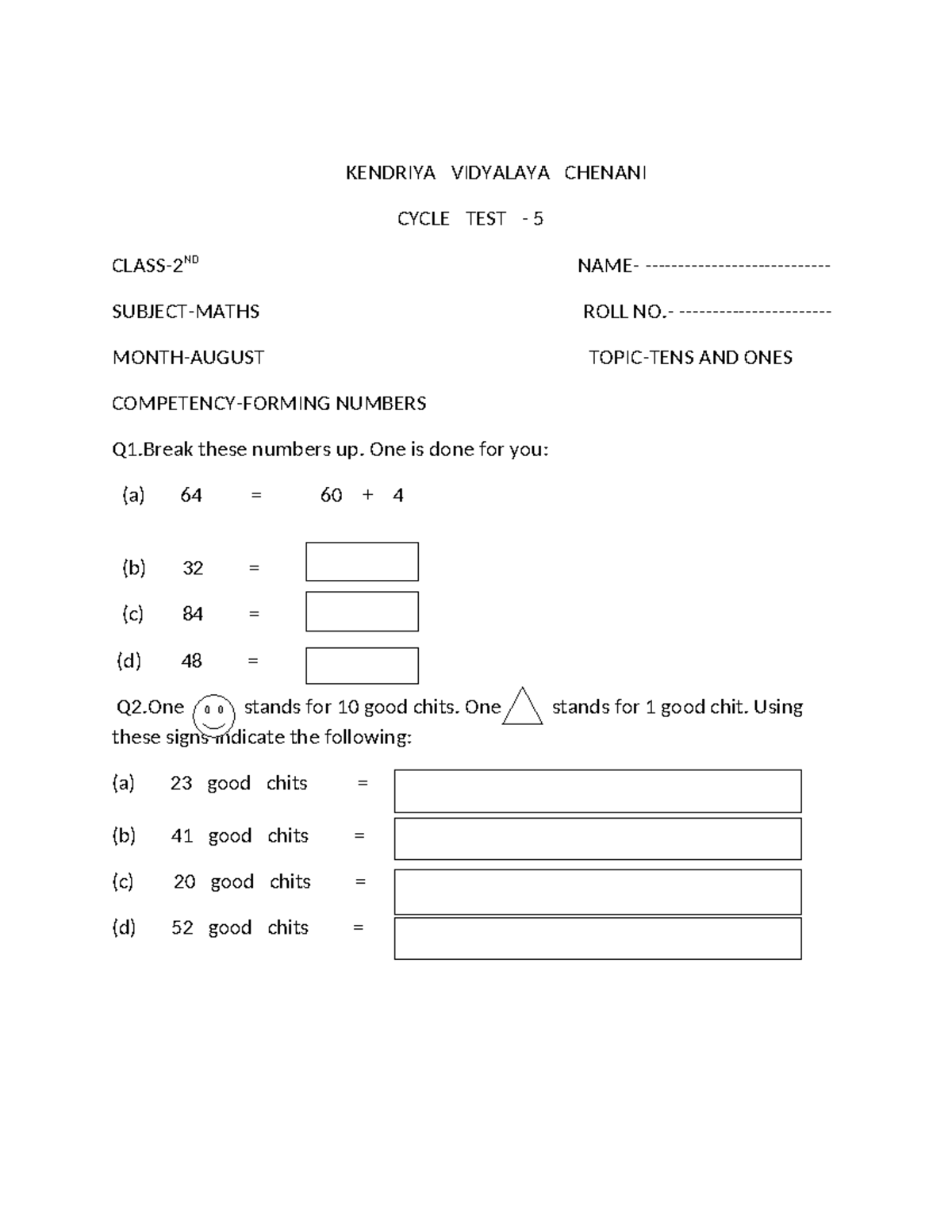 KENDRIYA VIDYALAYA CHENANI CYCLE TEST 5 MATHS QUESTIONS - Studocu