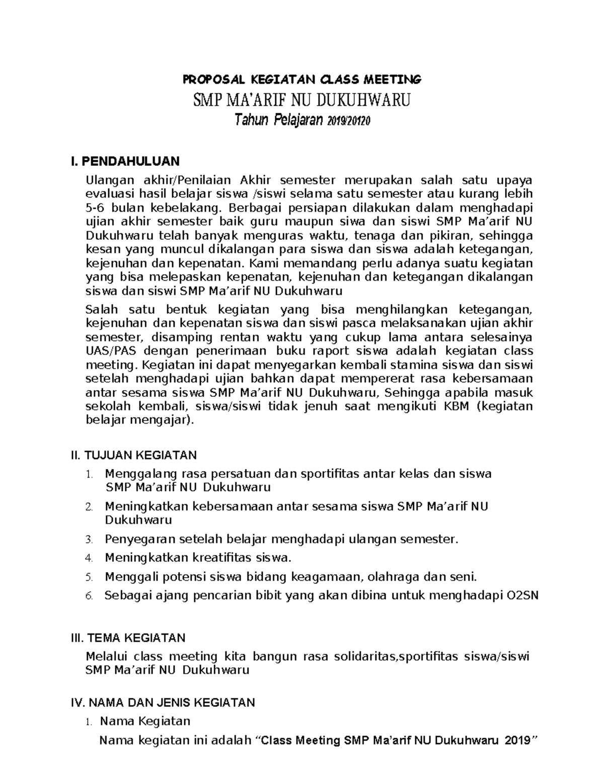 Proposal Kegiatan Class Meeting SMP NU Dukuhwaru 2019 - Studocu
