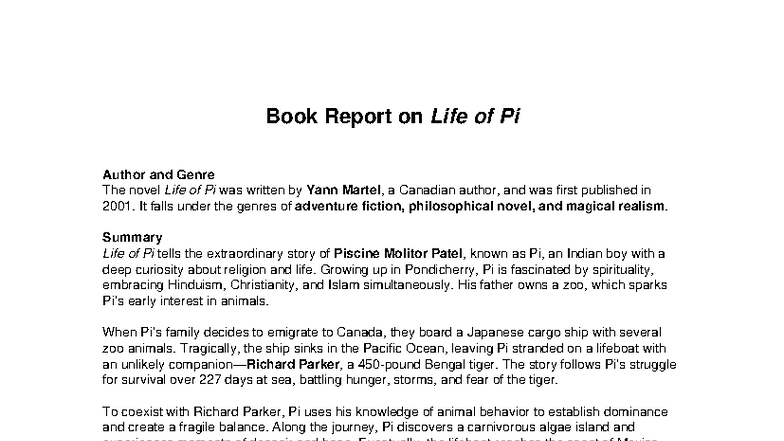Life of Pi Book Report: Themes, Characters & Survival Analysis - Studocu