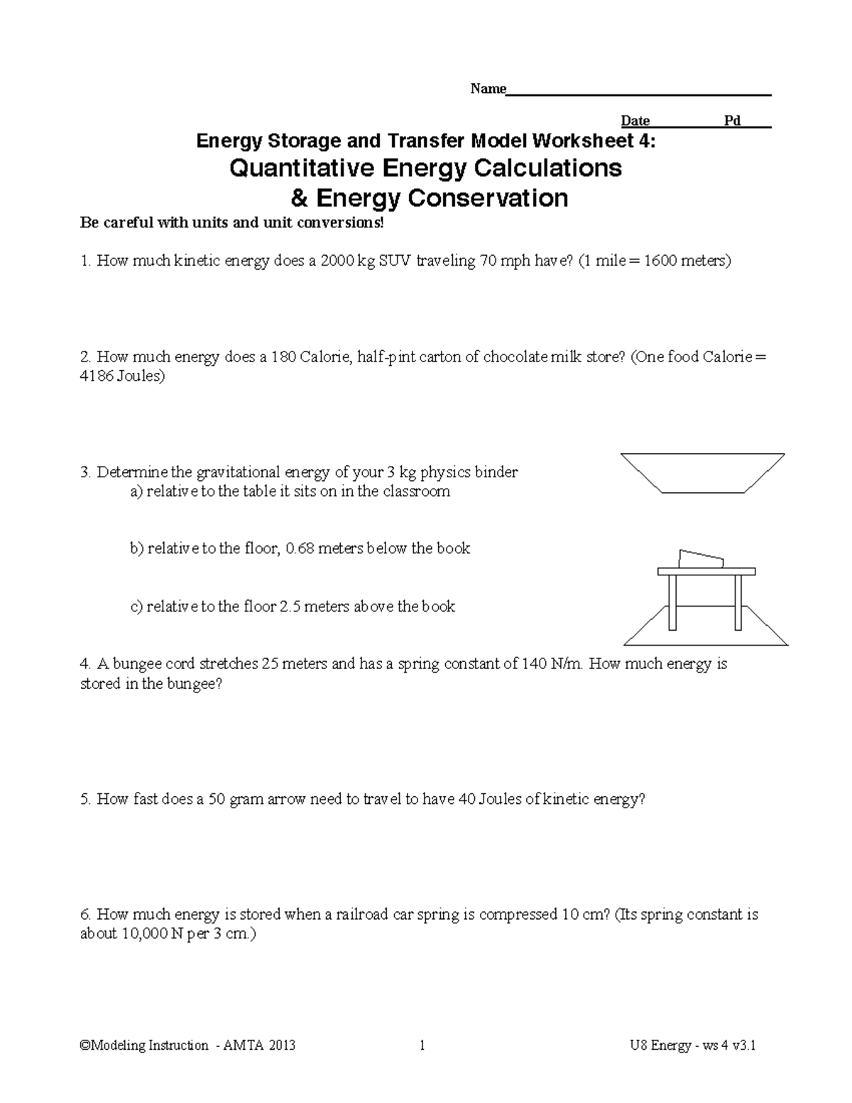 LOL Practice 1 - U8 Energy Calculations & Energy Conservation Worksheet ...