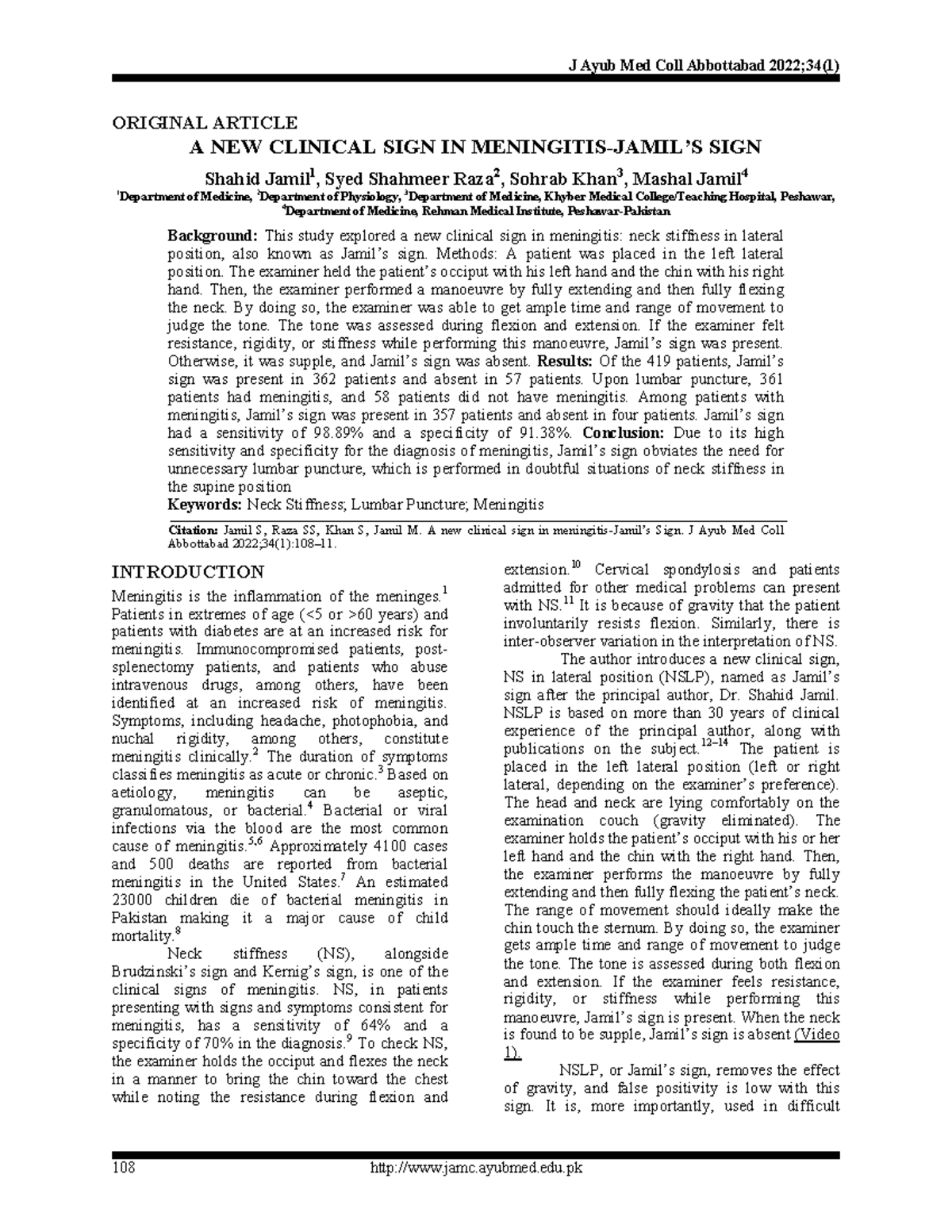 A New Clinical Sign for Meningitis: Neck Stiffness in Lateral Position ...