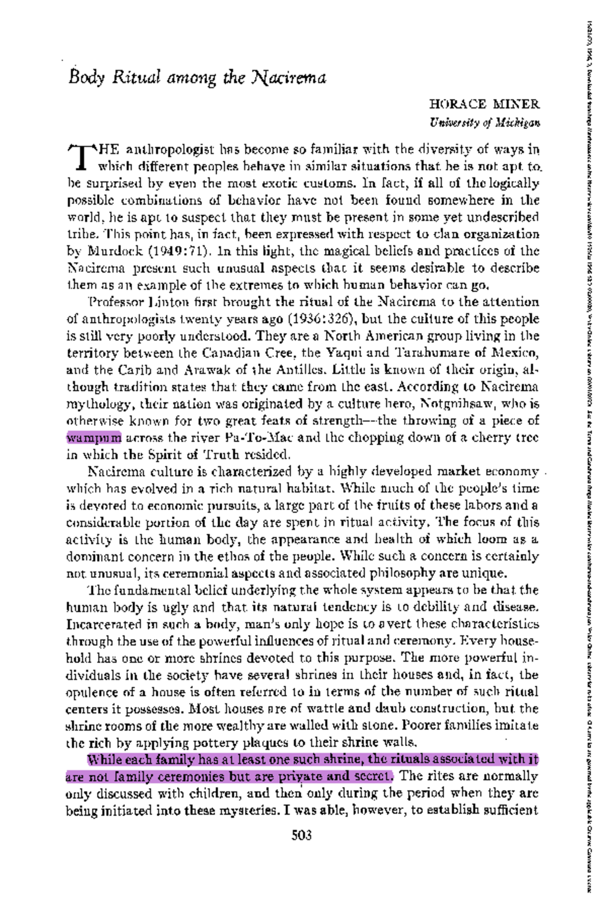 Body Rituals of the Nacirema: An Anthropological Study - Studocu