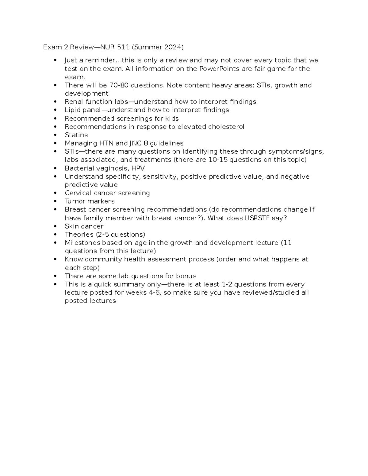 Exam 2 Review Guide for NUR 511 (Summer 2024) - Studocu