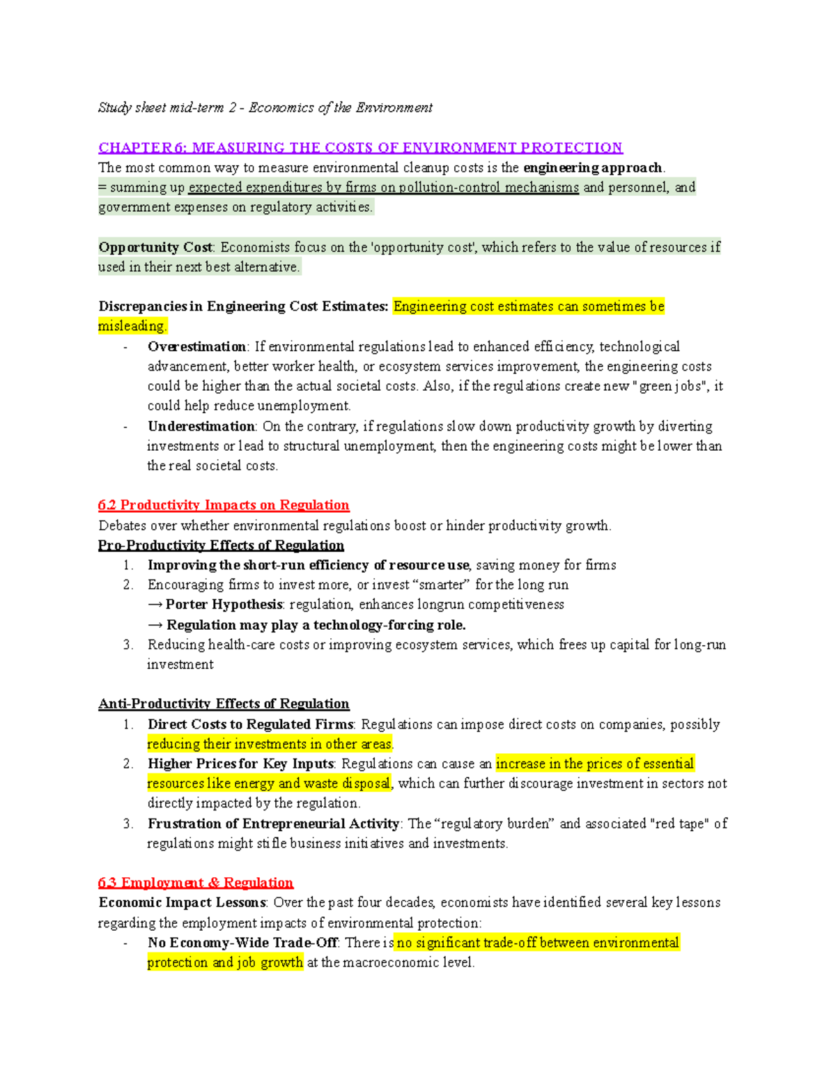 Midterm Study Sheet 2 - Economics of the Environment (ECO 303) - Studocu