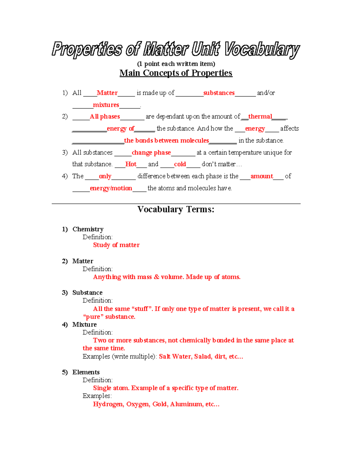 Properties of matter vocab answers 1 - (1 point each written item) Main ...