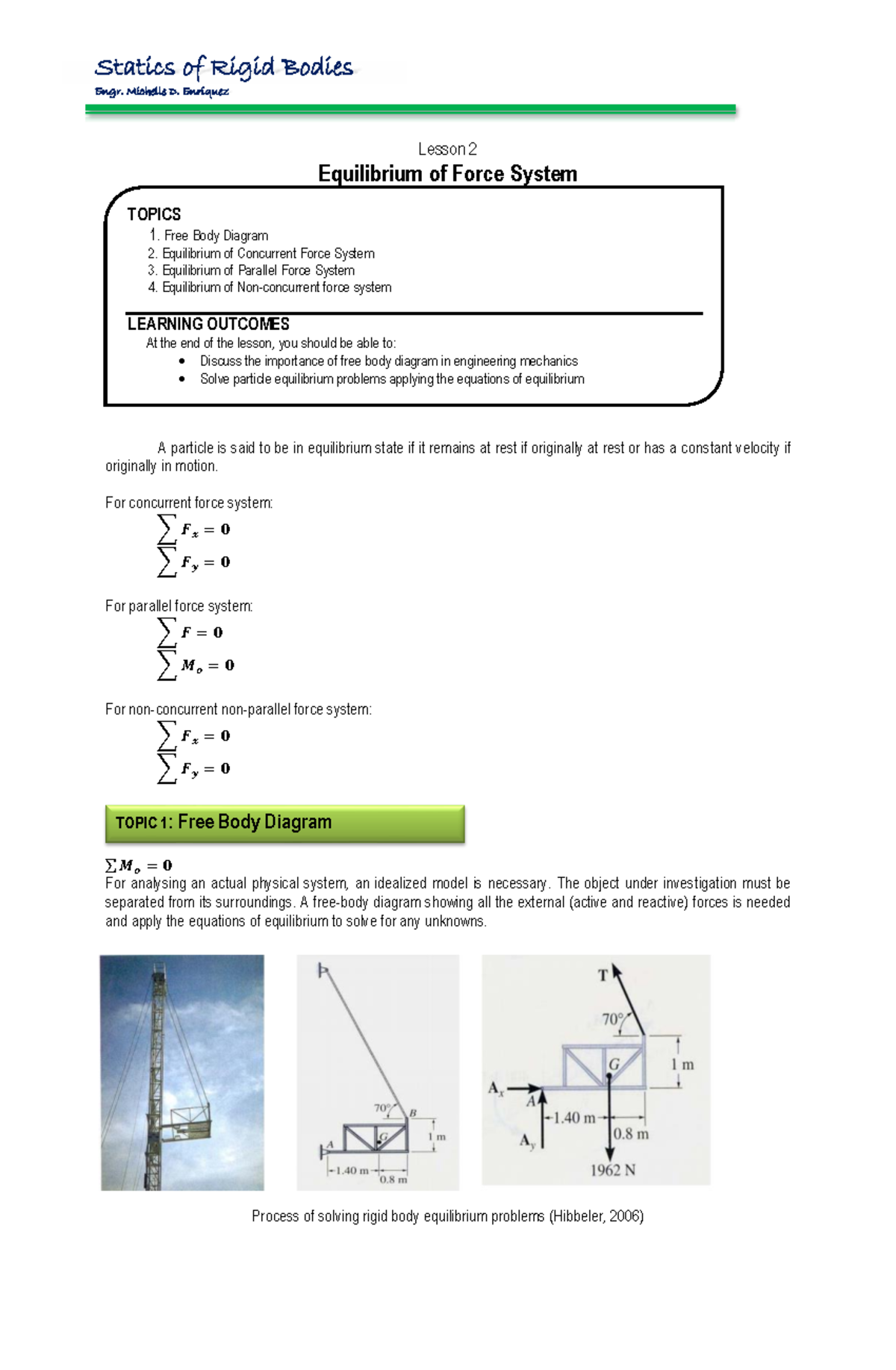ENGR 101: Statics of Rigid Bodies - Lesson 2: Equilibrium of Force ...