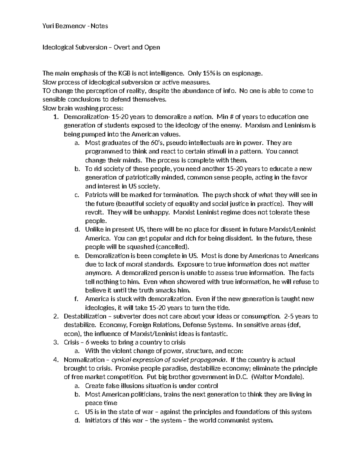 Yuri Bezmenov's Notes on Ideological Subversion and KGB Tactics - Studocu