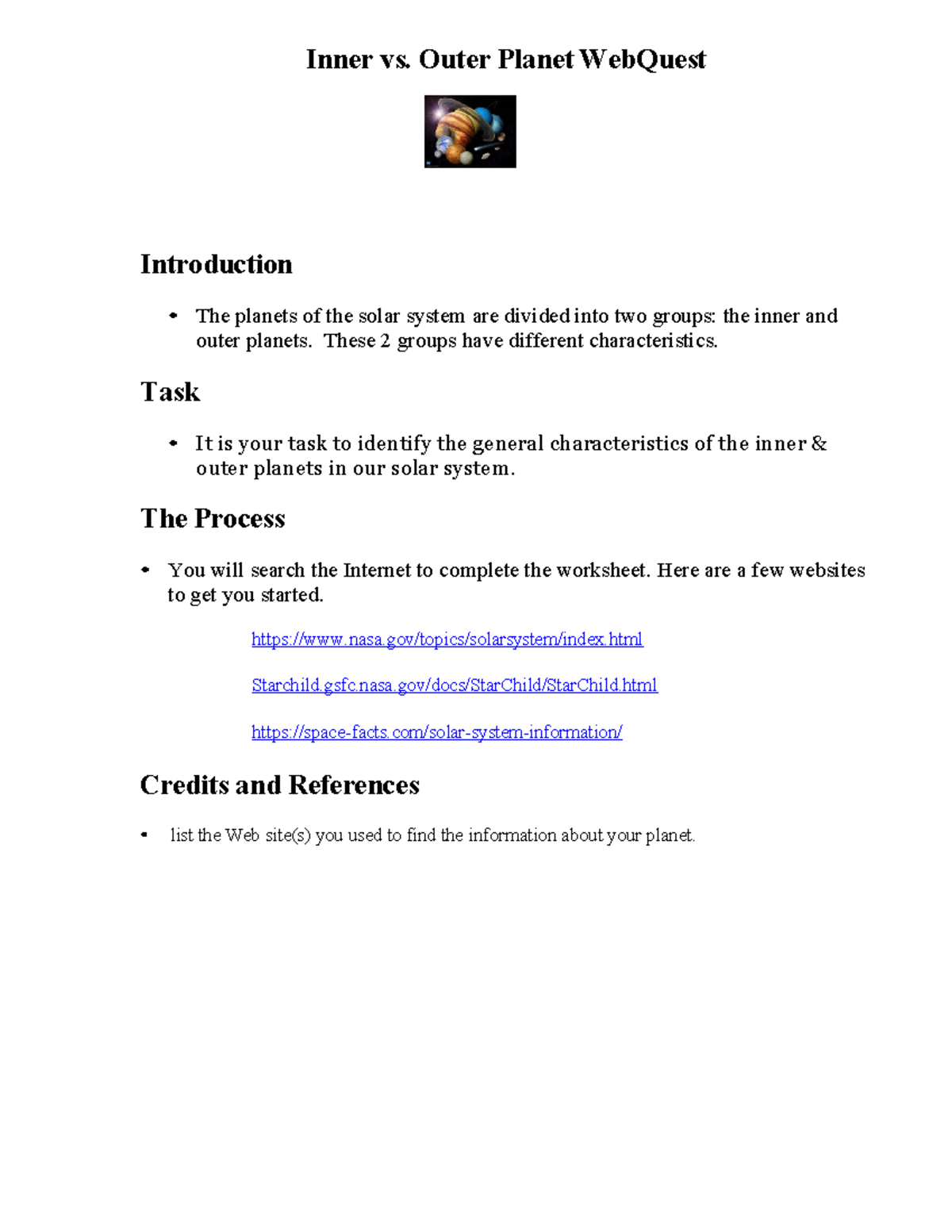 Inner vs. Outer Planets WebQuest: Characteristics Comparison Analysis ...