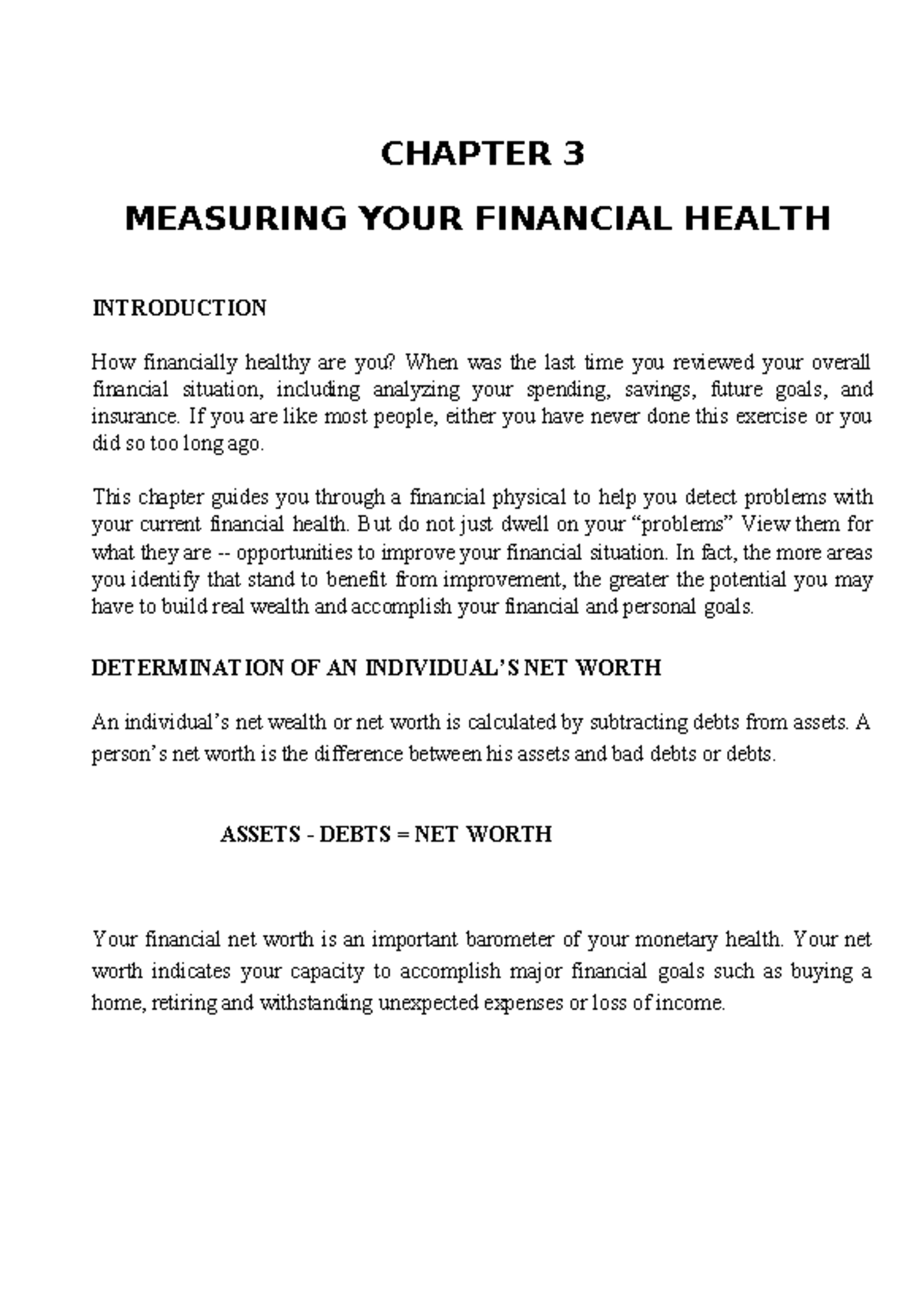 Personal Finance Chapter 3: Assessing Your Financial Health - Studocu