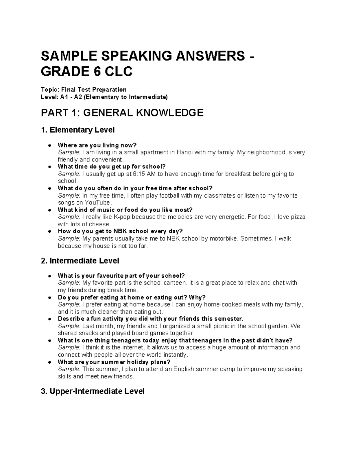 Grade 6 CLC Final Test Prep: Sample Speaking Answers V2 - Studocu
