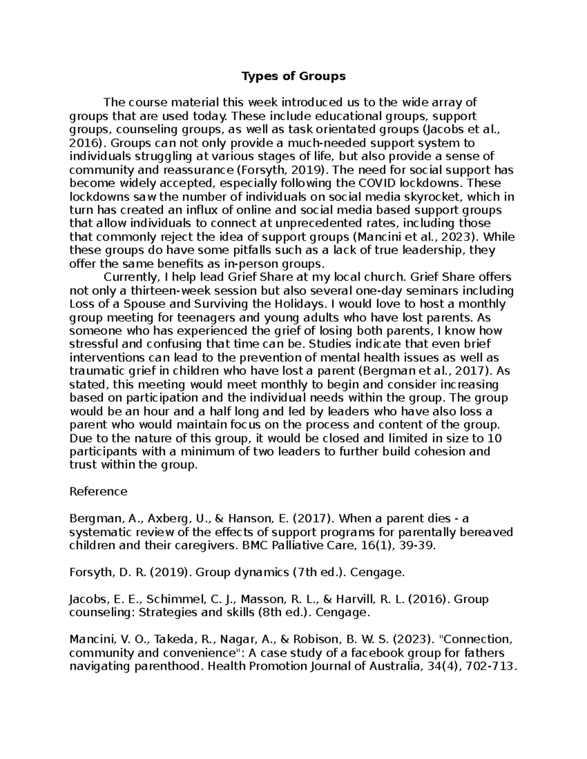 Discussion - Types of Groups - Types of Groups The course material this ...