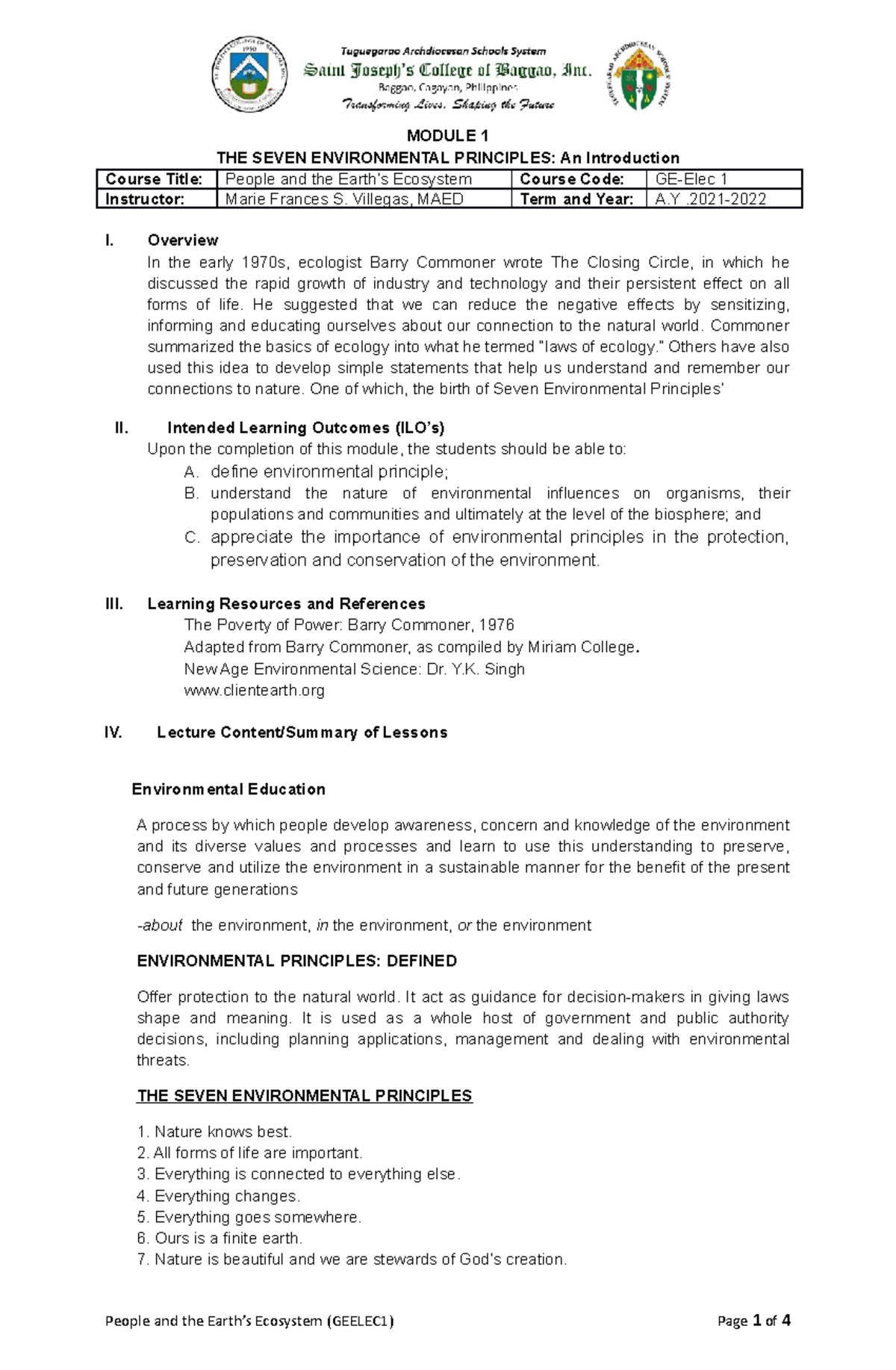 GE ELEC1 - Introduction to the Seven Environmental Principles - Studocu