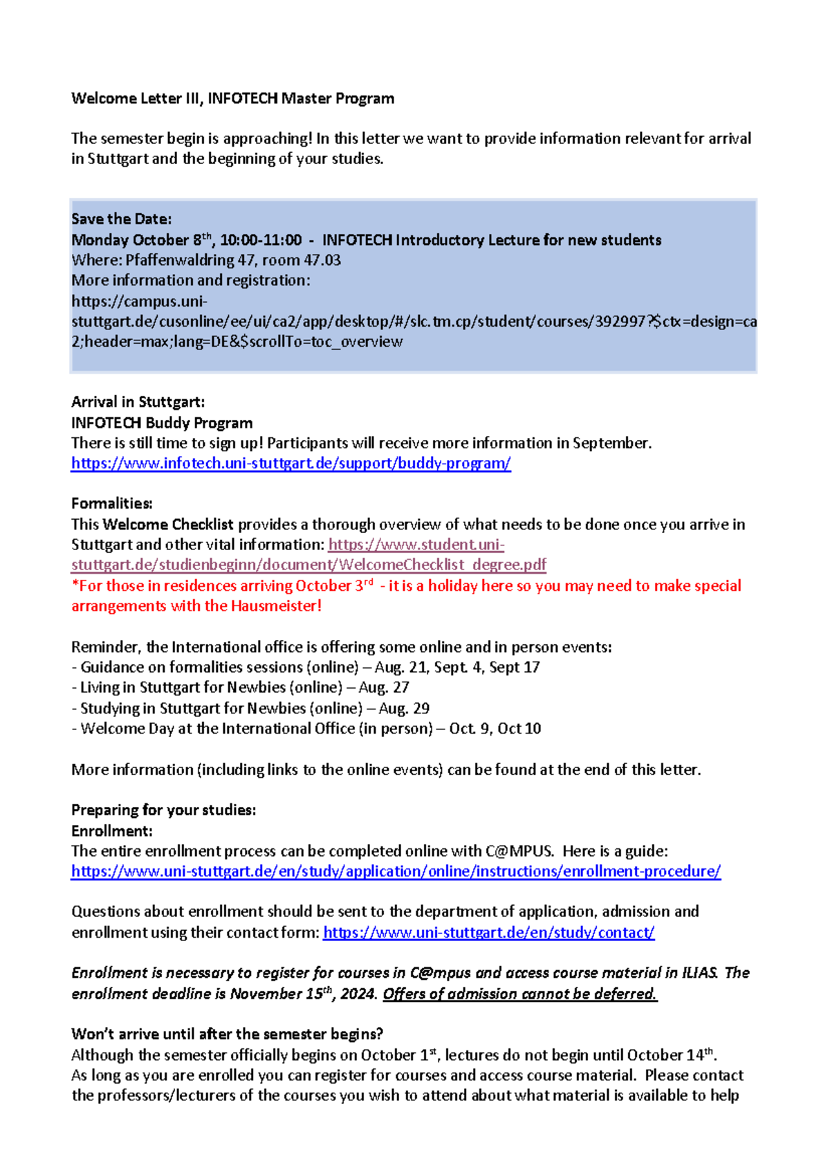 Welcome Letter III: Info for New Students | INFOTECH Program - Studocu