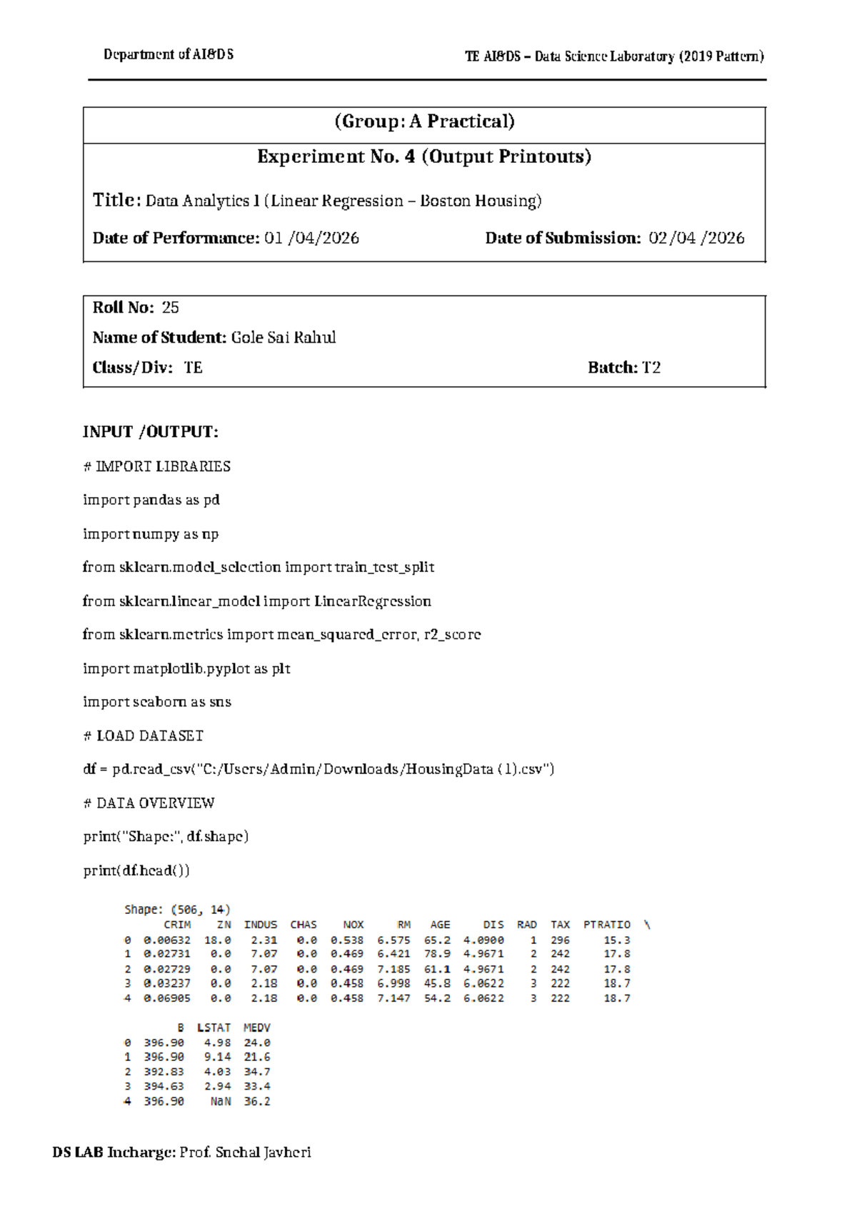 TE Data Science Lab (2019 Pattern) Exp No. 4: Linear Regression ...