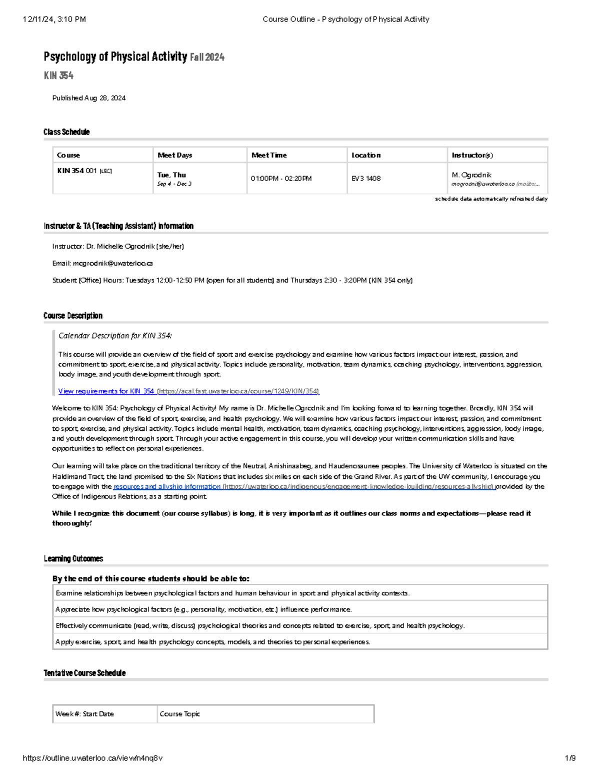 KIN 354 Course Outline: Psychology of Physical Activity (Fall 2024 ...