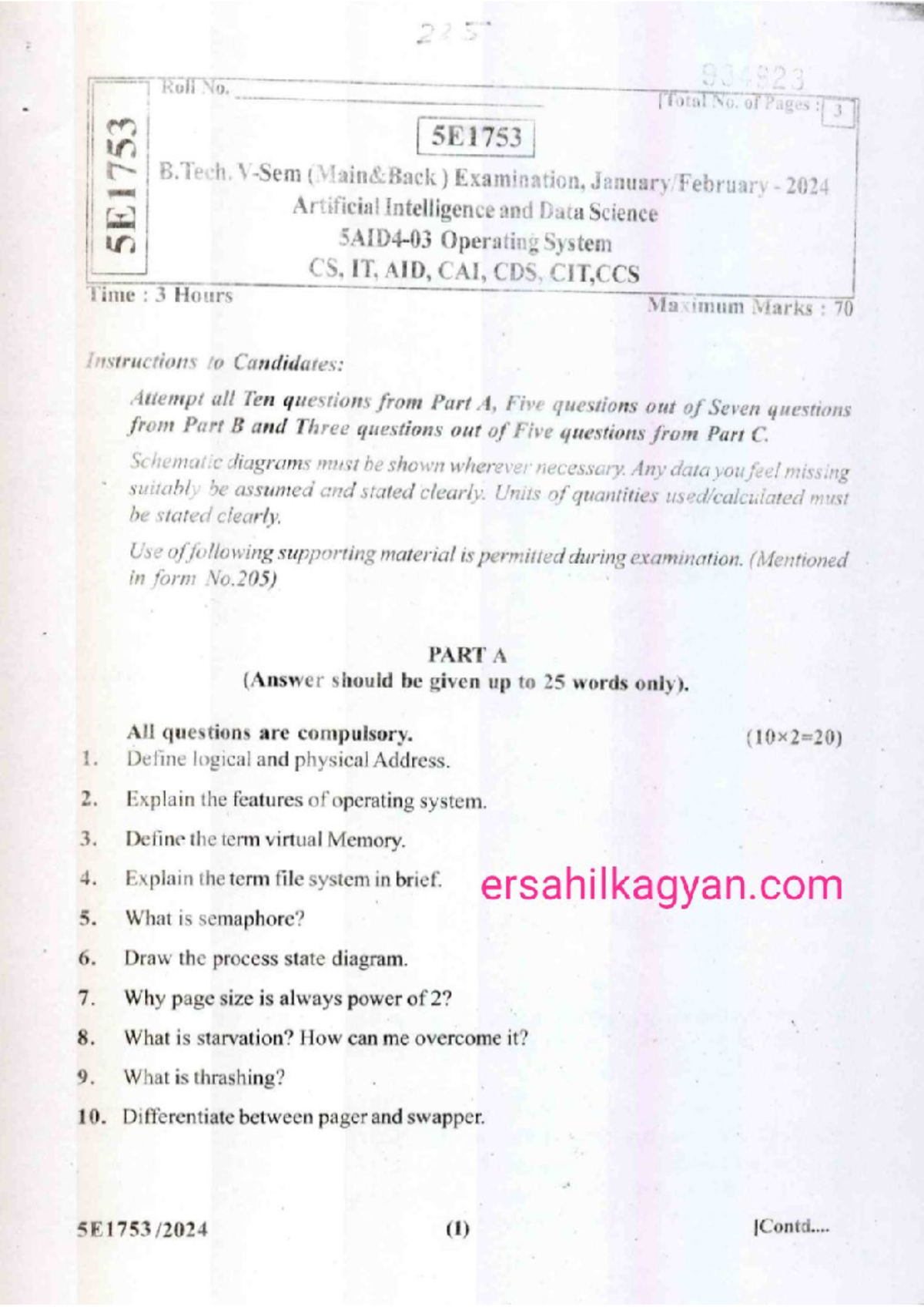 B. Tech 5E1753 Operating System Exam Notes - 2024 - Studocu