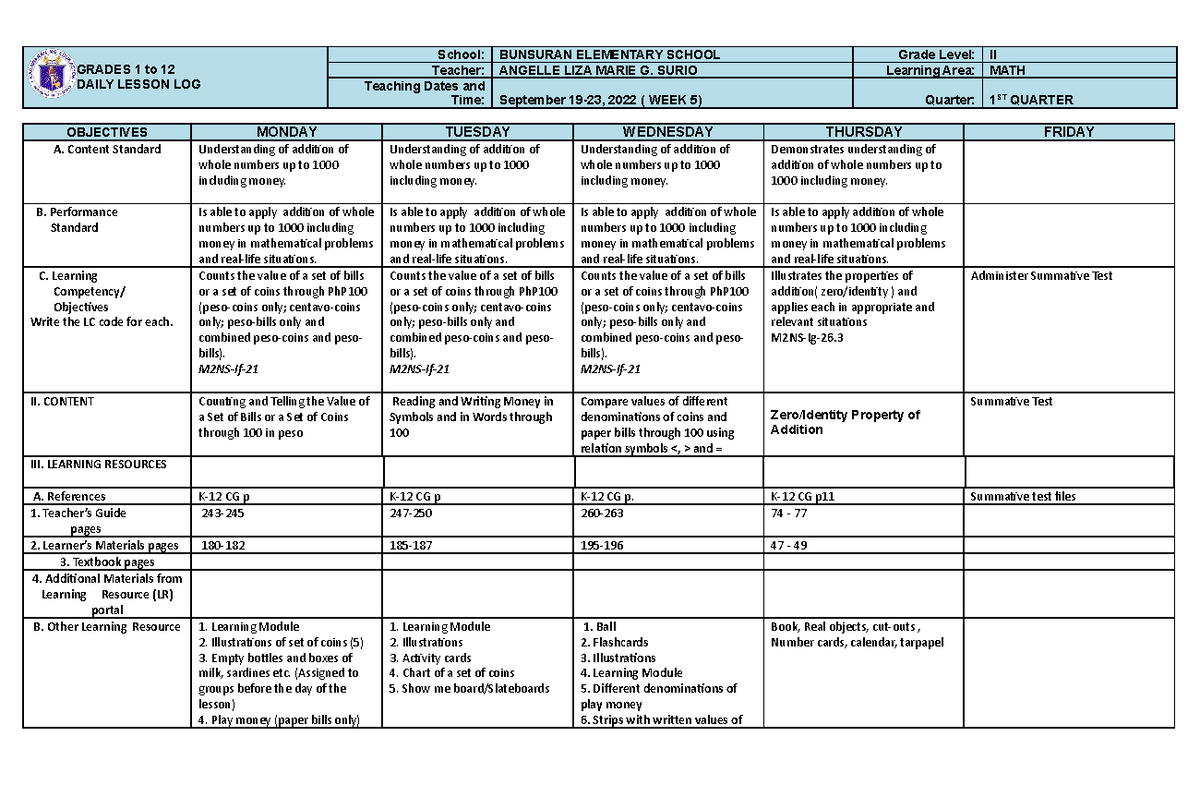 DLL MATH 2 Q1 W5 D1 - For lesson plan ideas - GRADES 1 to 12 DAILY ...