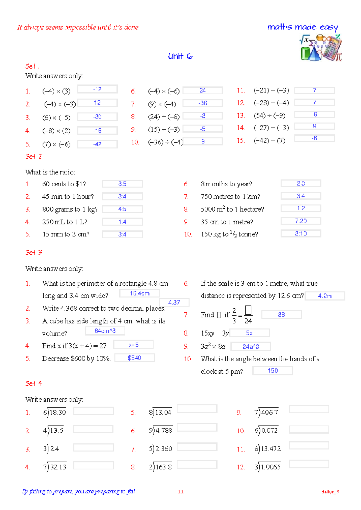 MATHS 9 Daily 06 - Unit 6 Set 1 & 2 Answers Only - Studocu