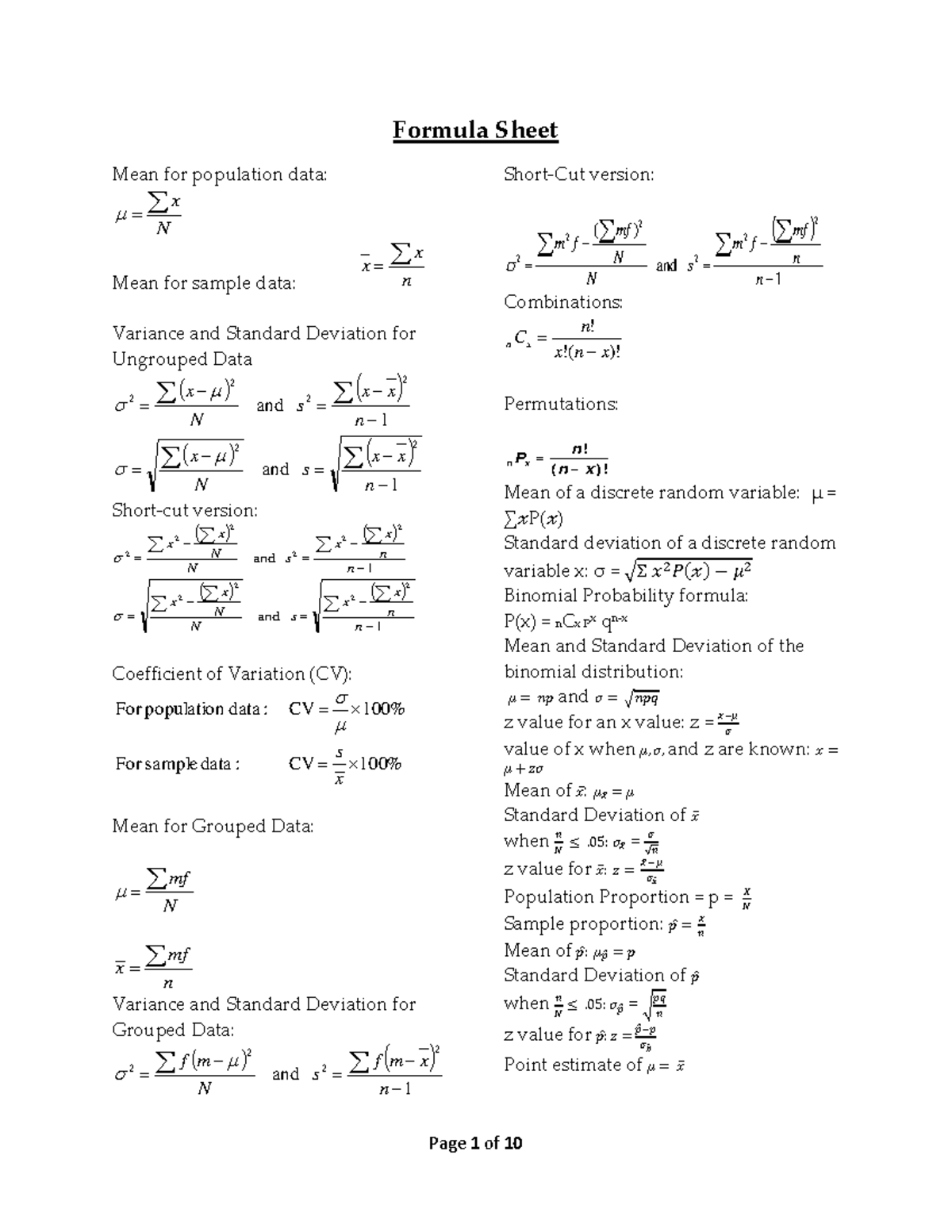 Final Exam Formula Sheet: Statistical Tables for Population Data - Studocu