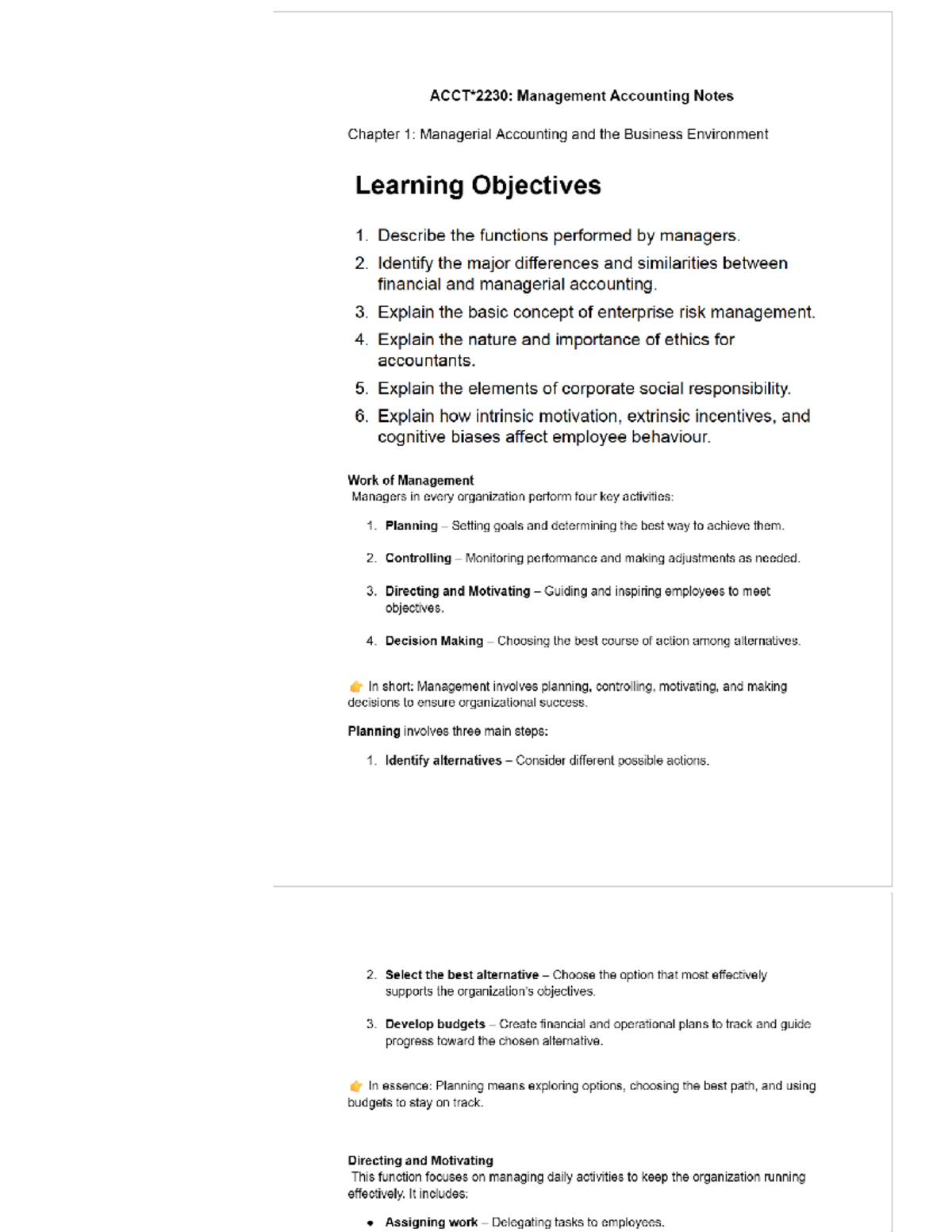 ACCT 2230 Management Accounting Notes: Chapter 1 Overview - Studocu