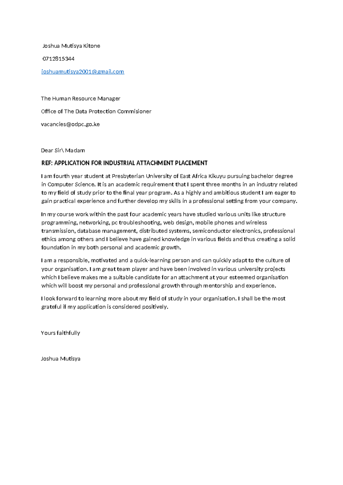 Application Letter for Industrial Attachment - CS 0712815344 - Studocu