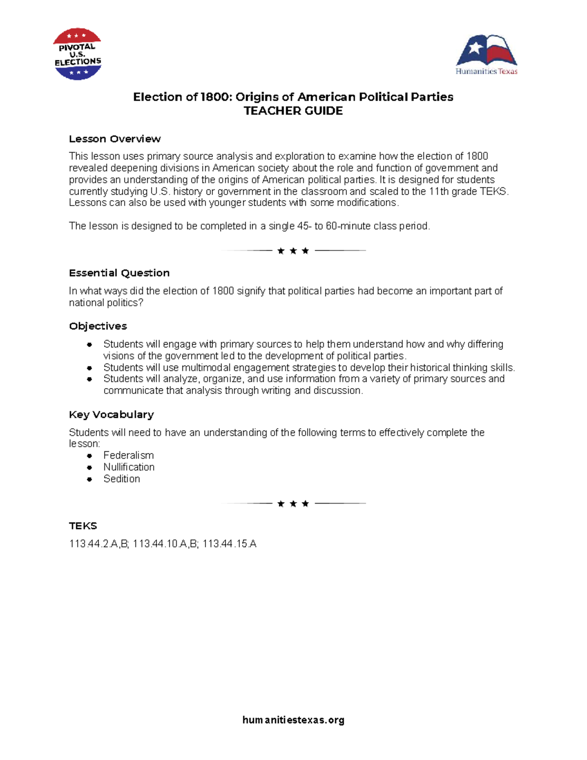 Election of 1800: Understanding Political Party Origins - TEKS 11th ...
